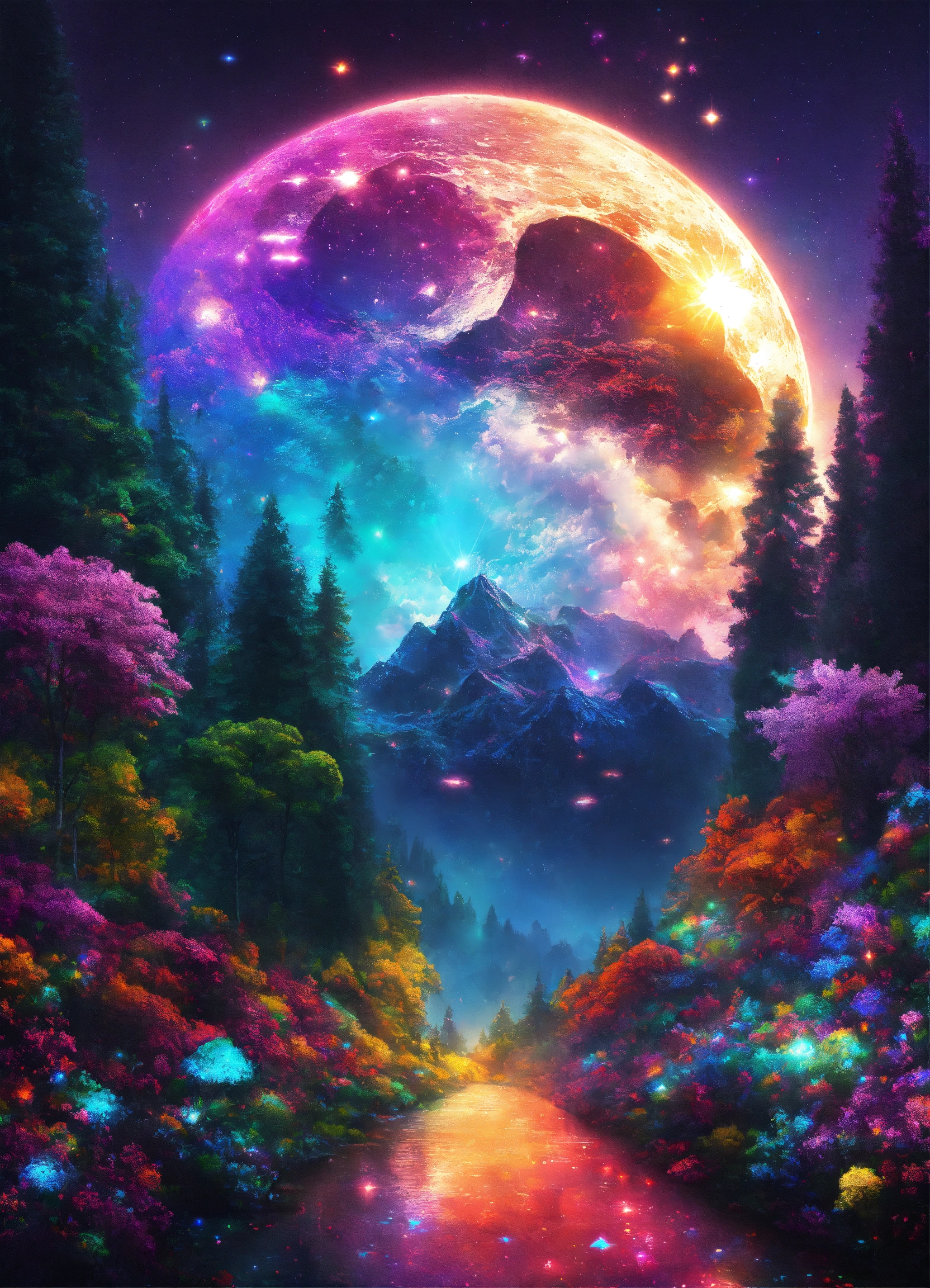 Lexica - Moon flying made of diamonds and glitter black rainbow neon ...