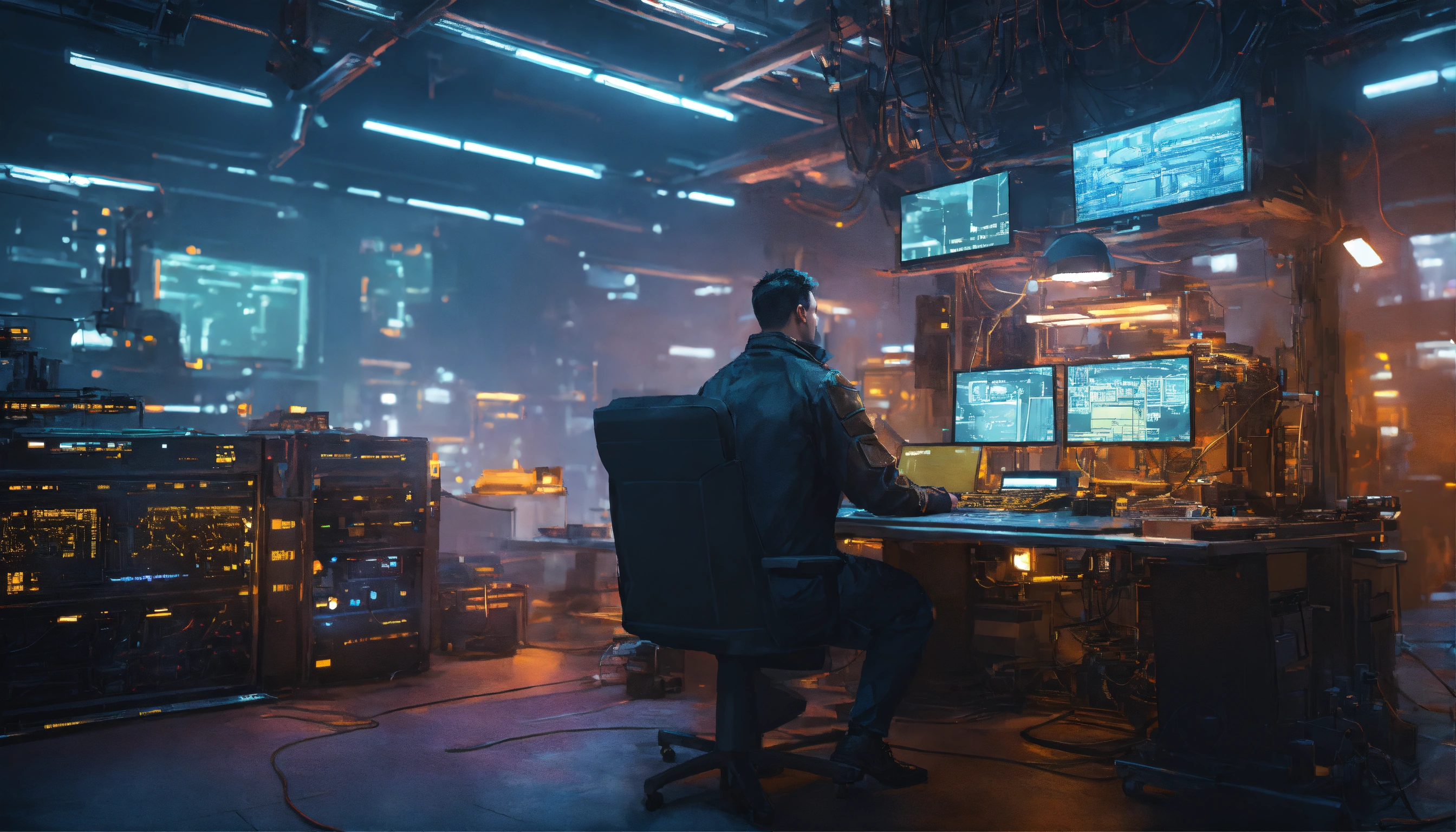 Lexica - Working man in advanced research center, zoom out, cyberpunk ...