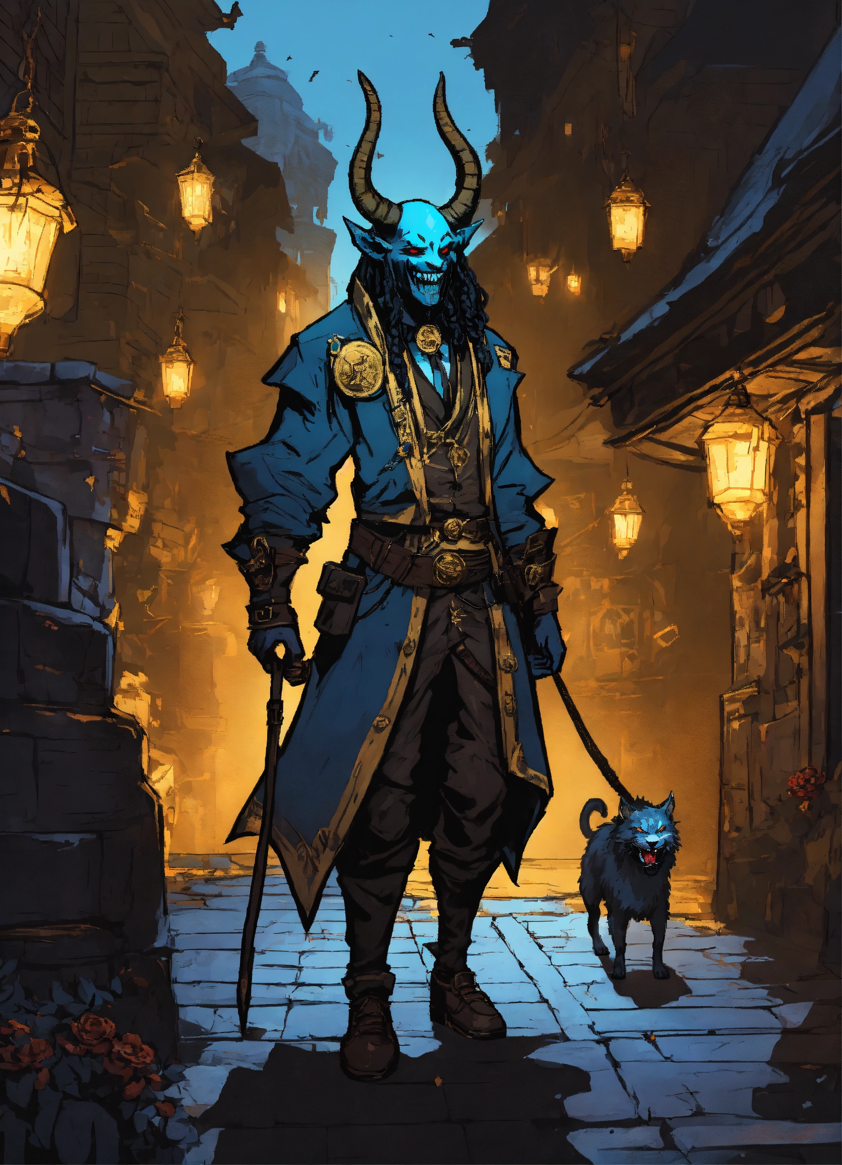 Lexica - A well dressed demon, followed by hundreads of floating blue ...