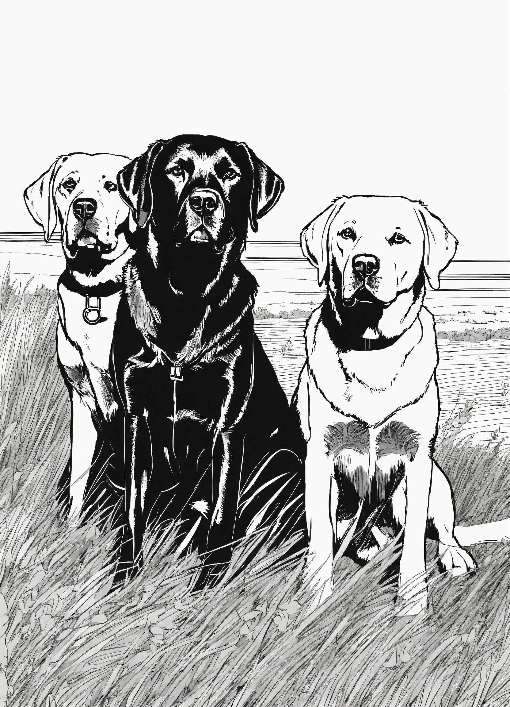 Lexica - Black and white bold line drawing, three Labrador retrievers ...