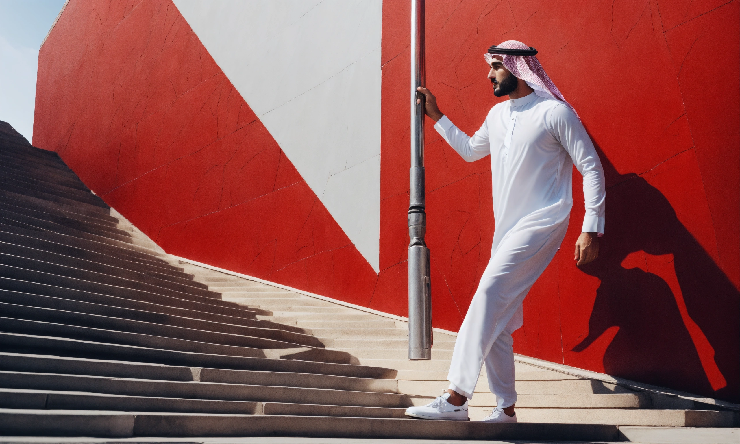Lexica - Saudi man climbing up steps, looking right, side-way, climbing ...