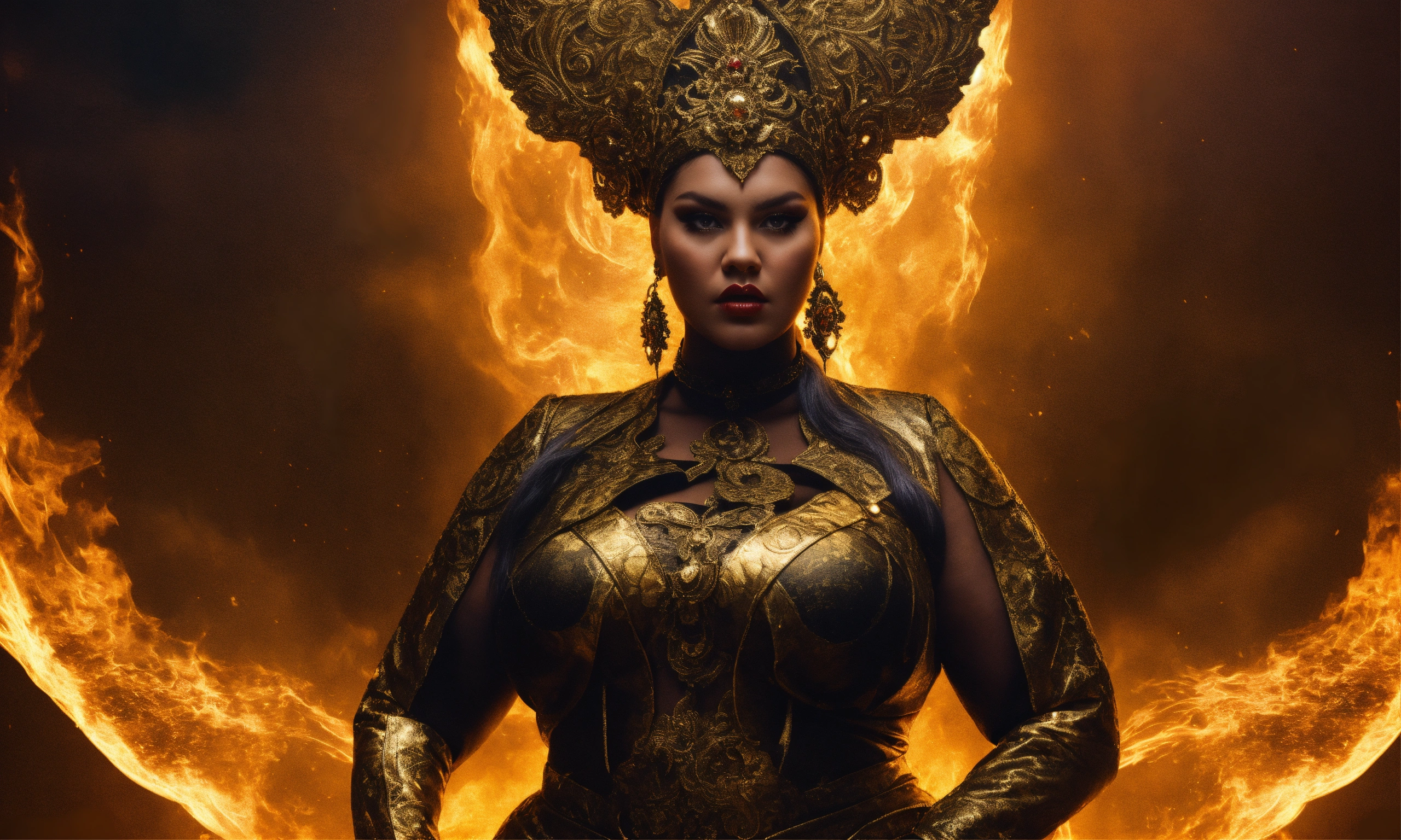 Lexica - A menacing plus-size model hell goddess, black gold background.