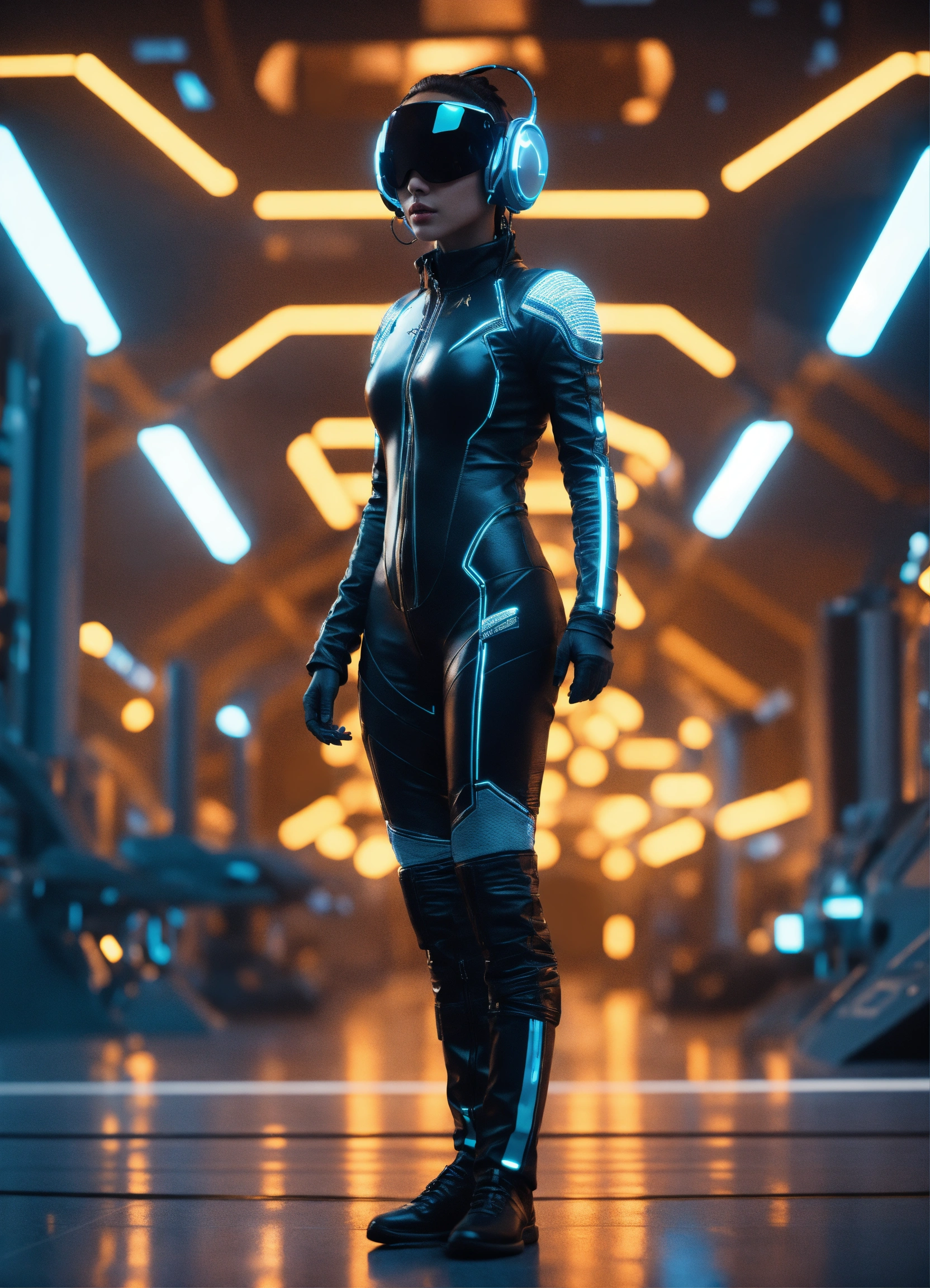 Lexica - Wide shot of a female super spy wearing a tight futuristic spy ...