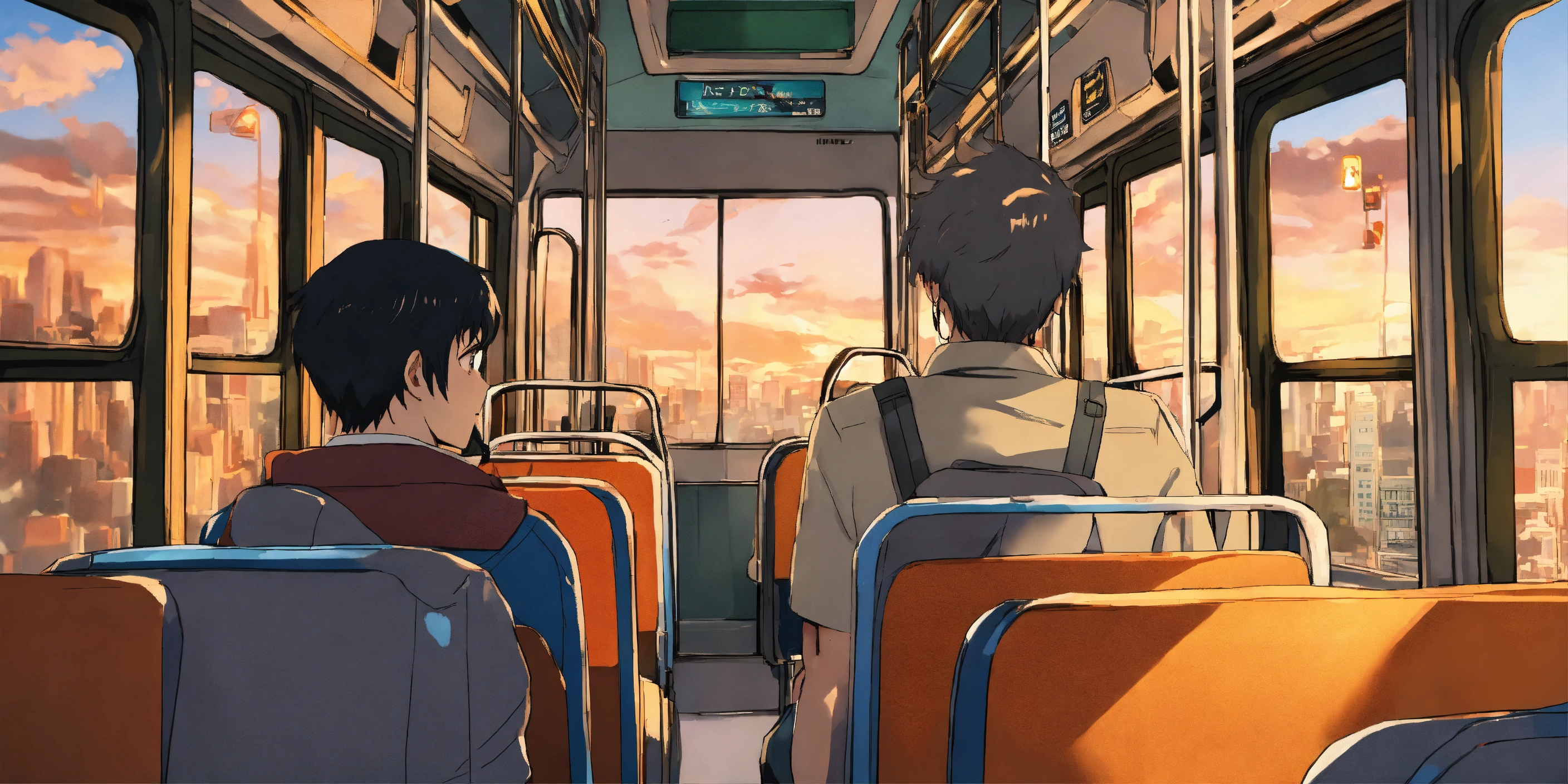 Lexica - A crowded city bus with the guy and the girl sitting next to ...