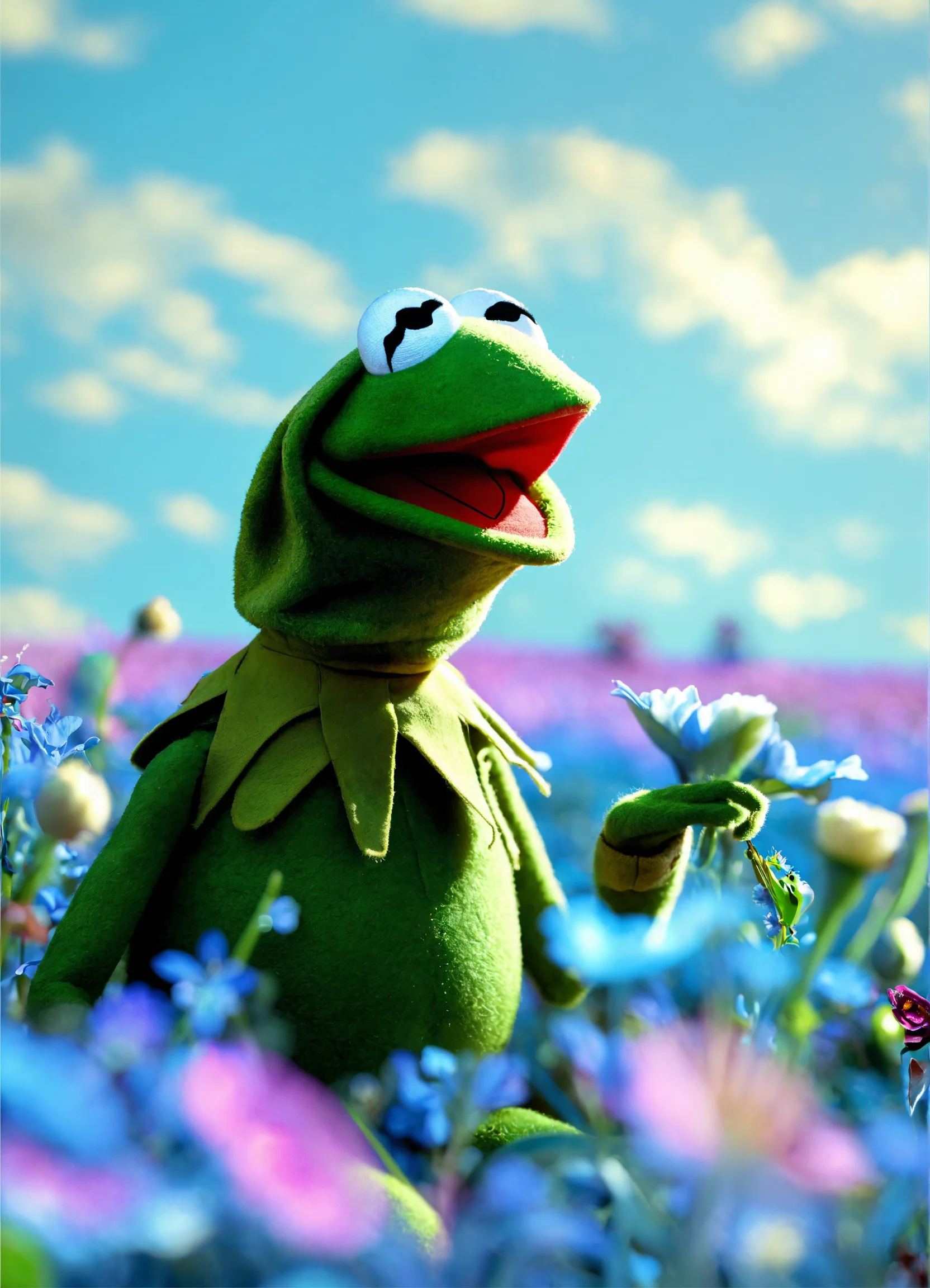 Lexica - Kermit the frog, happy, light, surrounded by a blue sky on a ...