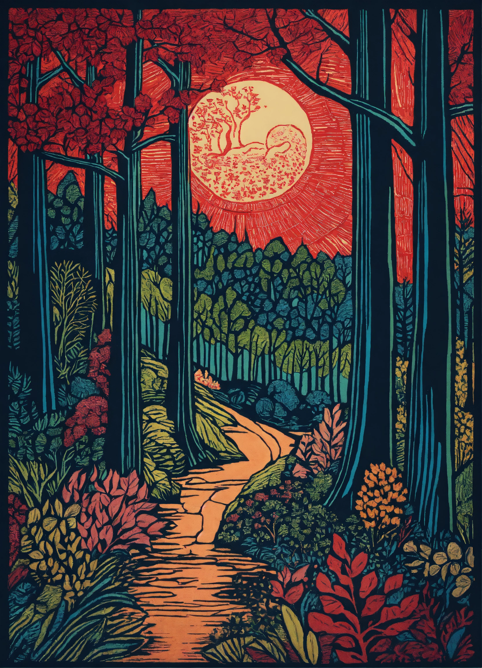 Lexica - Linocut art drawing forest scene folk art style inspired by ...