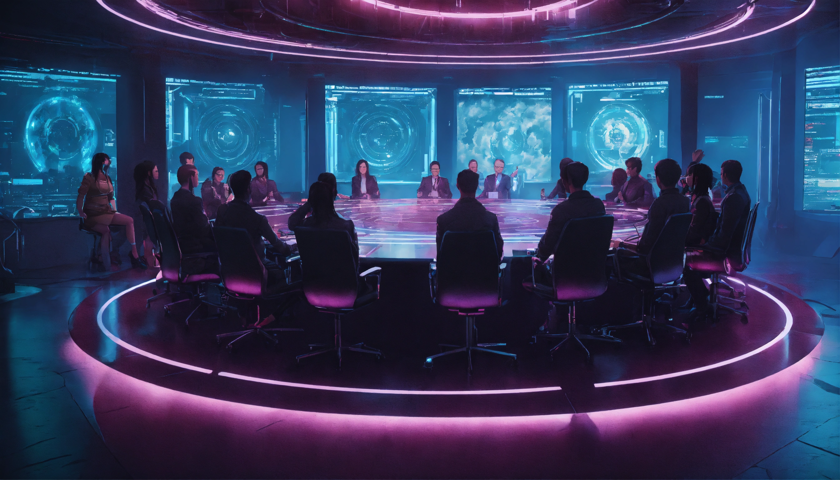 Lexica - Conference room, people siting on chairs around the cybernetic ...