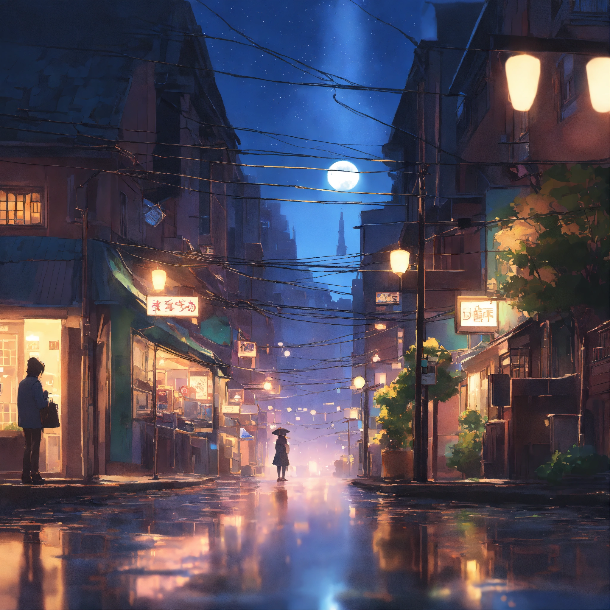 Lexica - A cozy, warm, dimly lit cityscape reflection in a puddle on ...