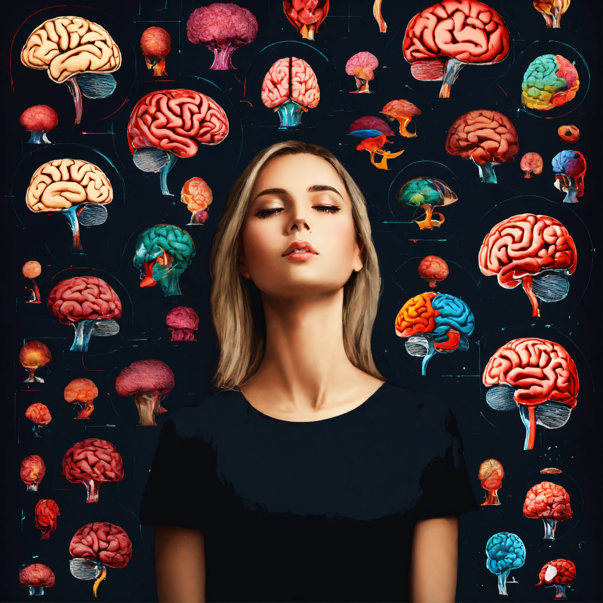 Lexica - Woman racks her brains and can't make a decision, black background, a lot of empty ...