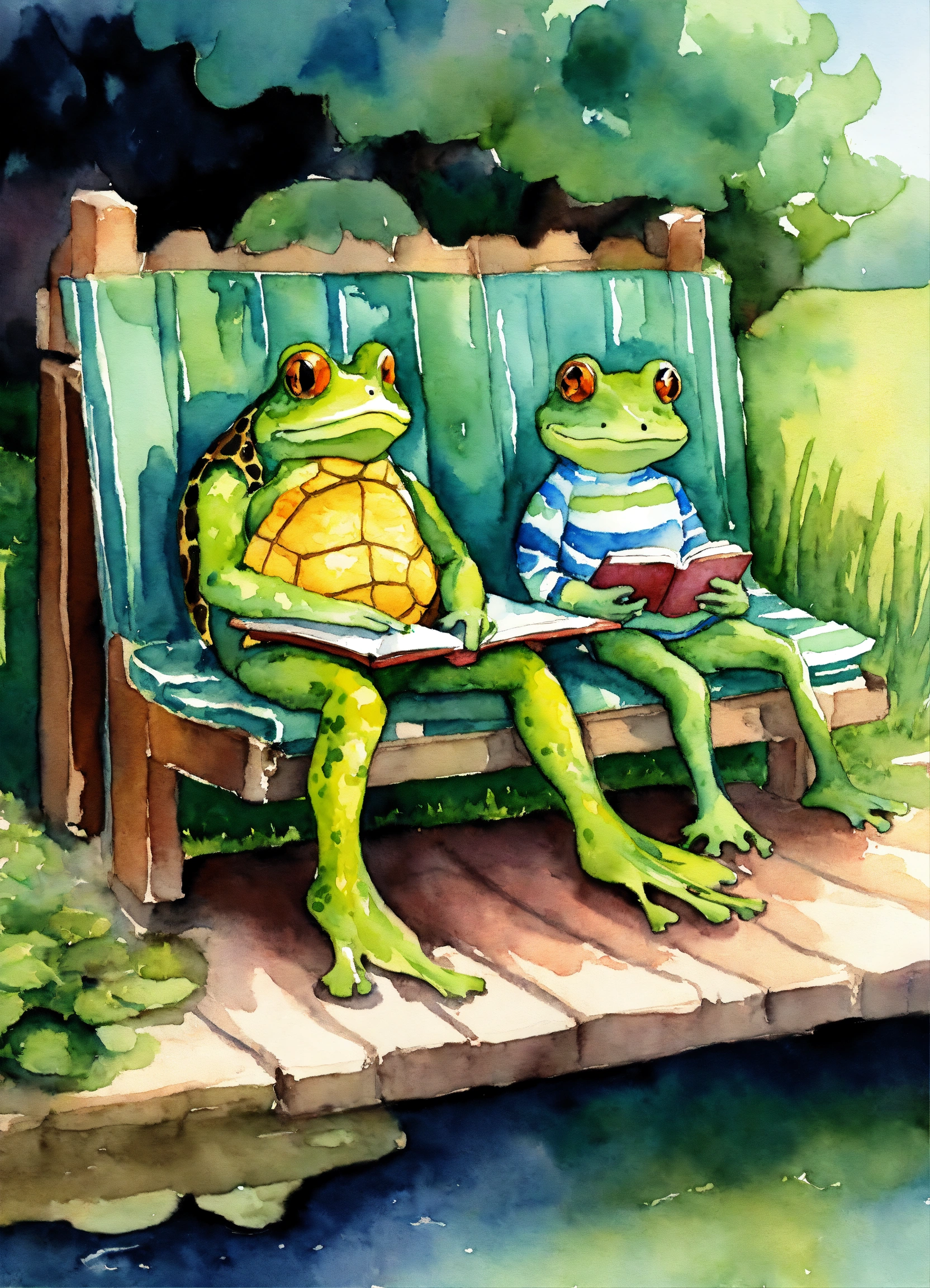 Lexica - Frog and turtle sitting on a bench talking Watercolor ...