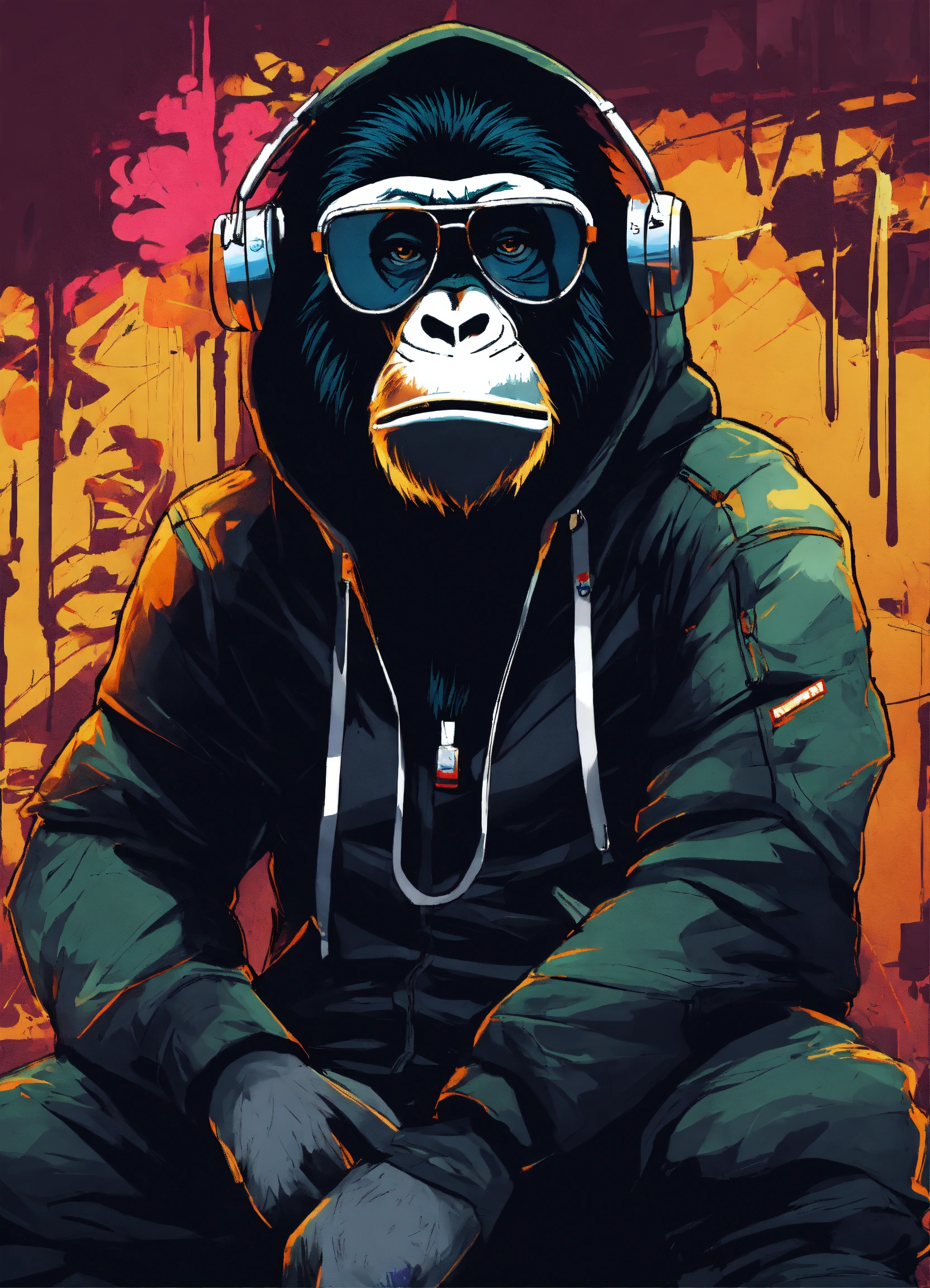Lexica - An ape wearing a black hoodie and aviator glasses and jordans, graffiti art by hanna ...