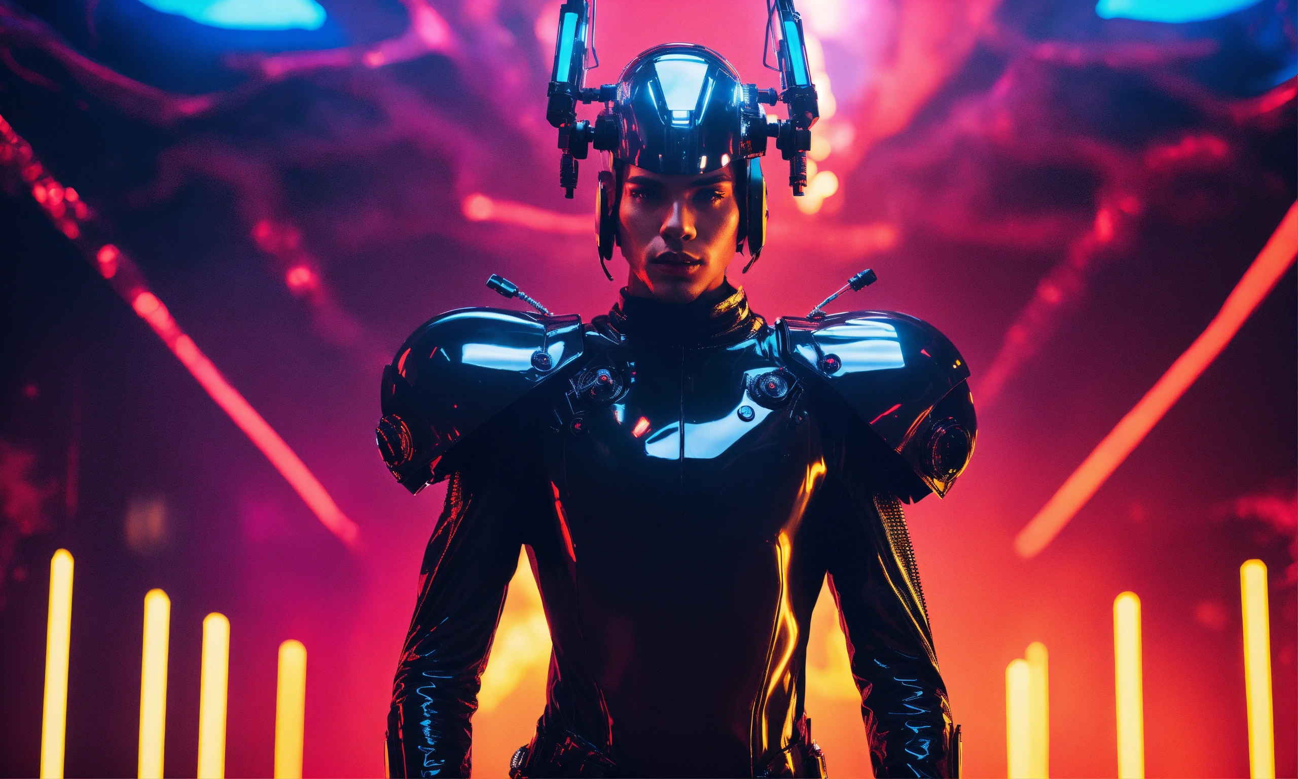 Lexica - A male pop artist dressed as cyborg in glossy black, sleek ...