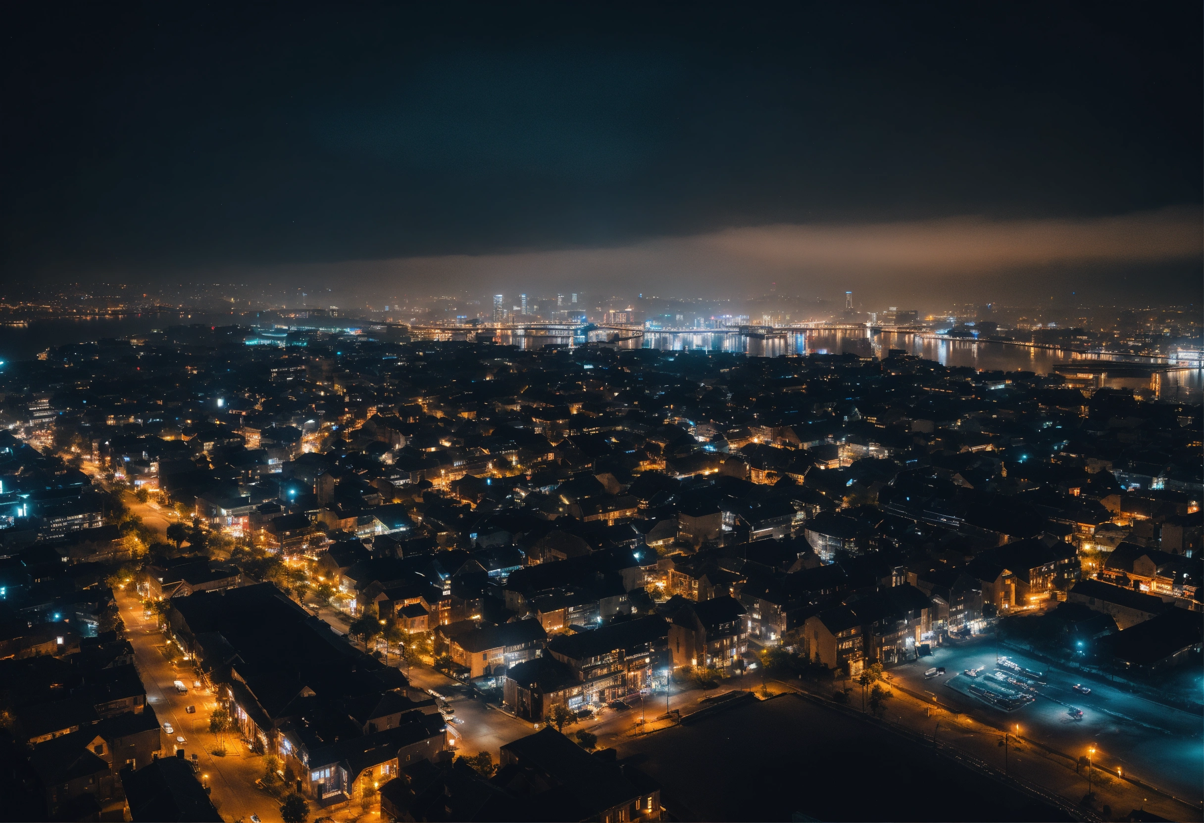 Lexica - A city at night in a photo from a drone, dark, dim, soft ...