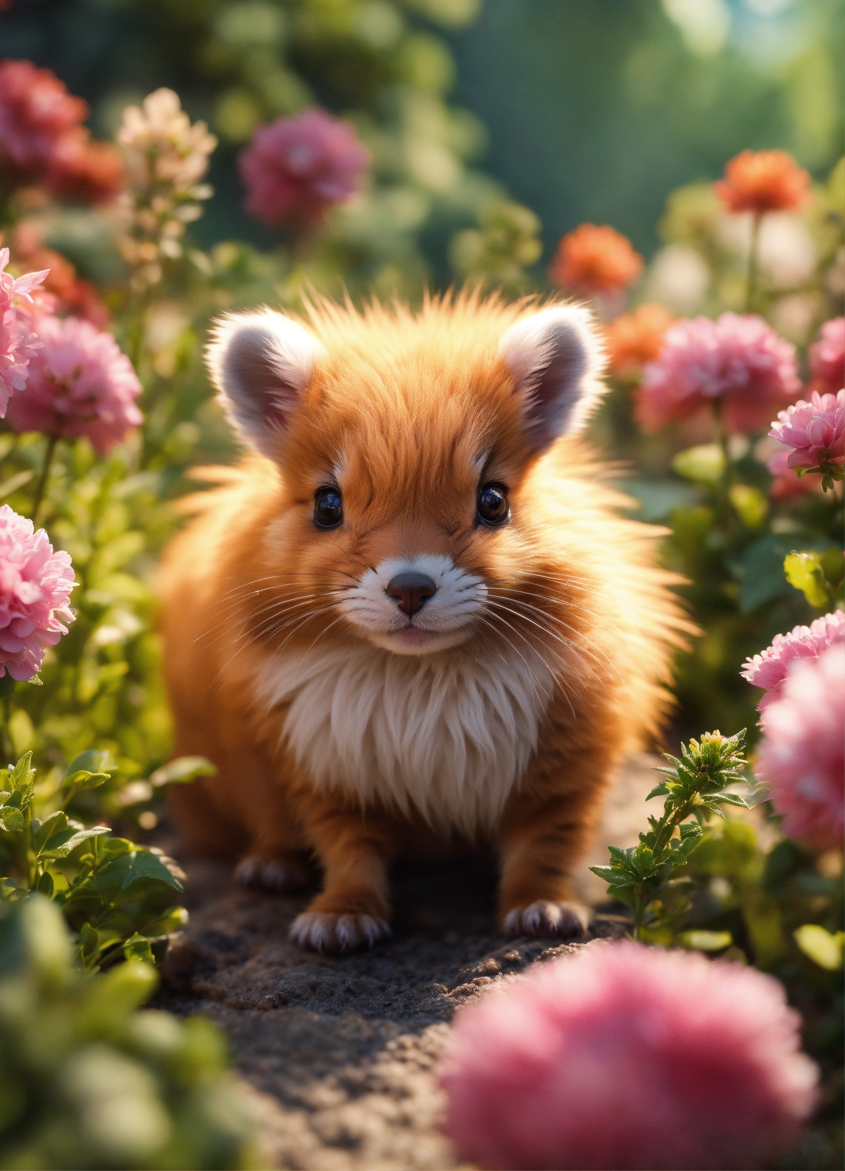 Lexica - A cute little furry creature in a flower bed with a flower in ...