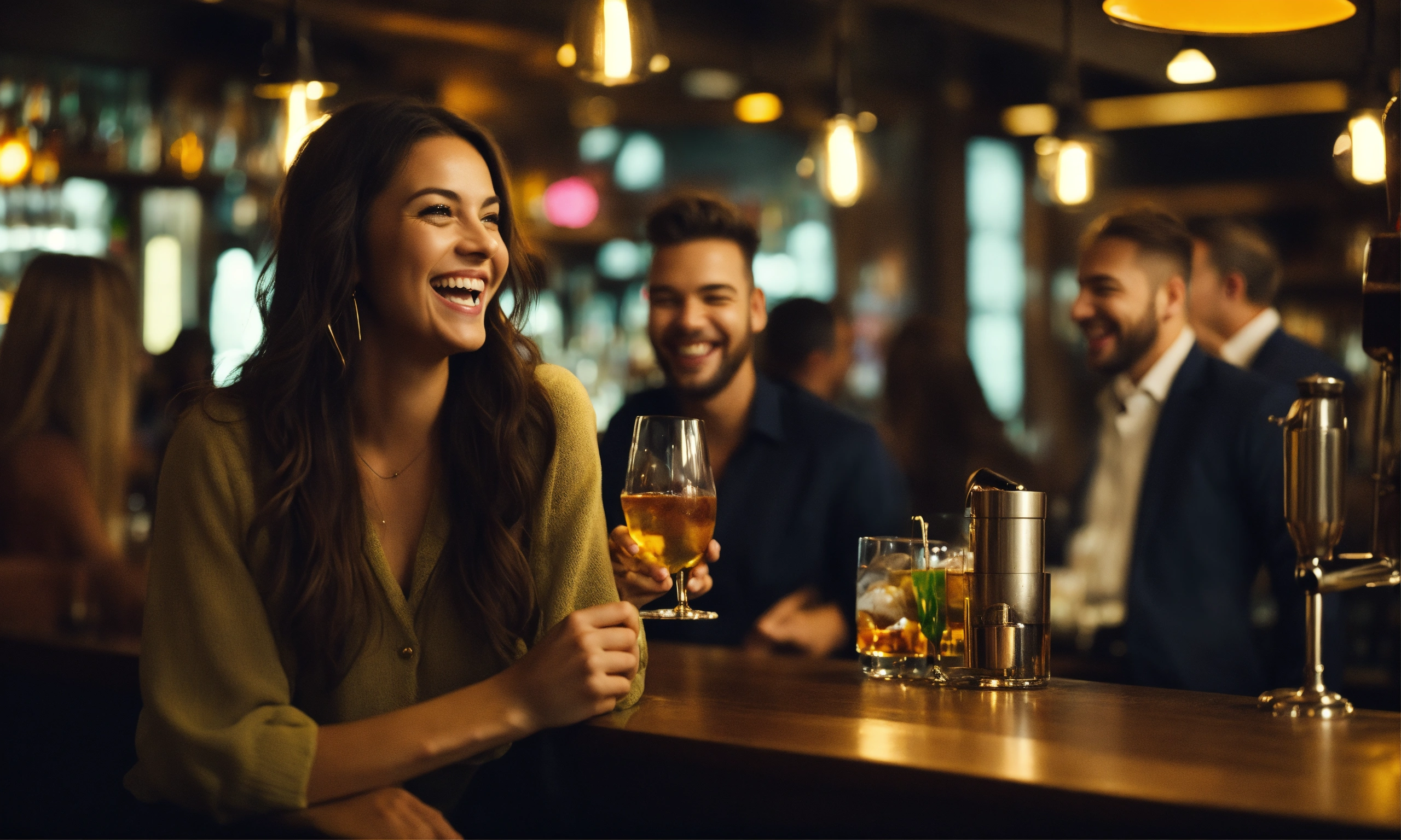 Lexica - Happy people trinking and laugh in a modern bar, behind is the ...