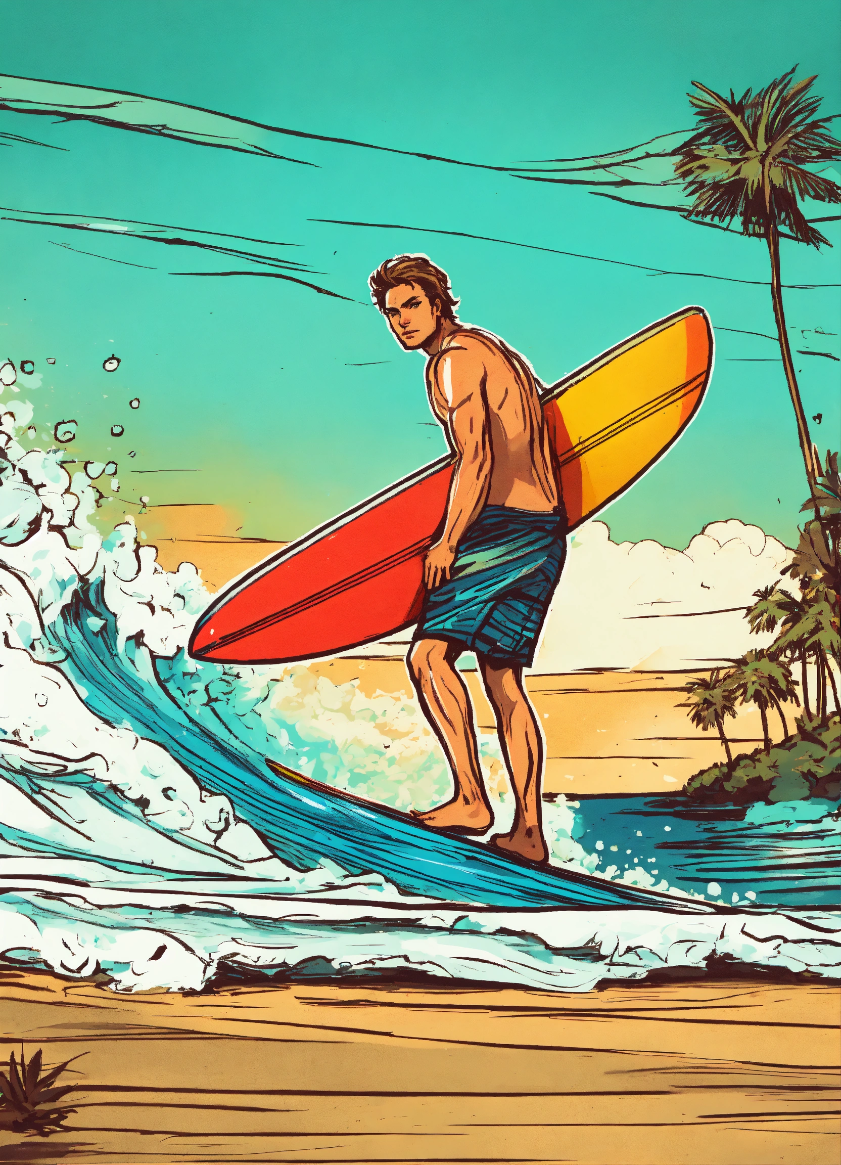 Lexica - A surfer on the surfboard, sticker, comic sketch look