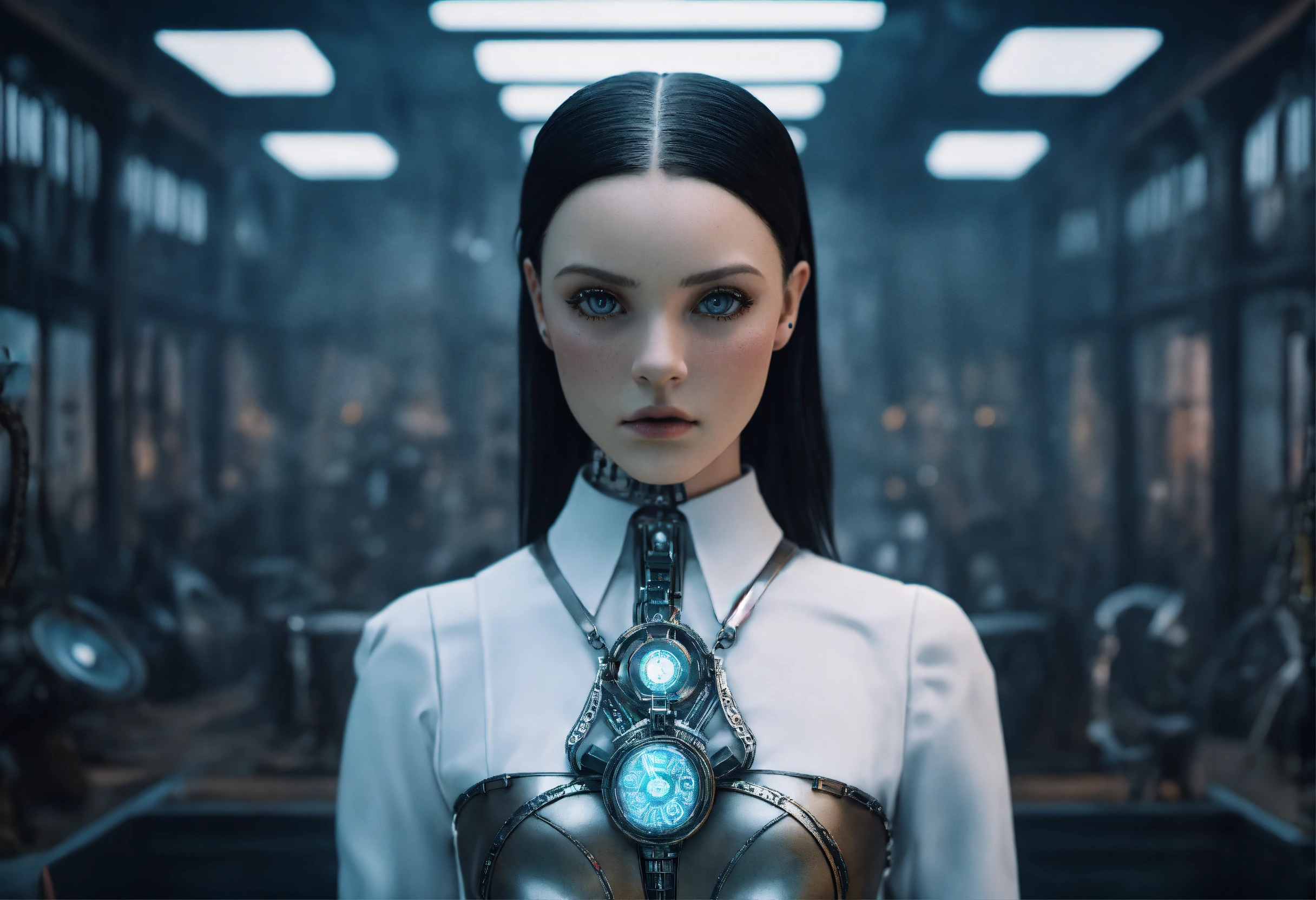 Lexica - Girl, standing in the center of the image, Wednesday Addams wearing tattooed steampunk ...