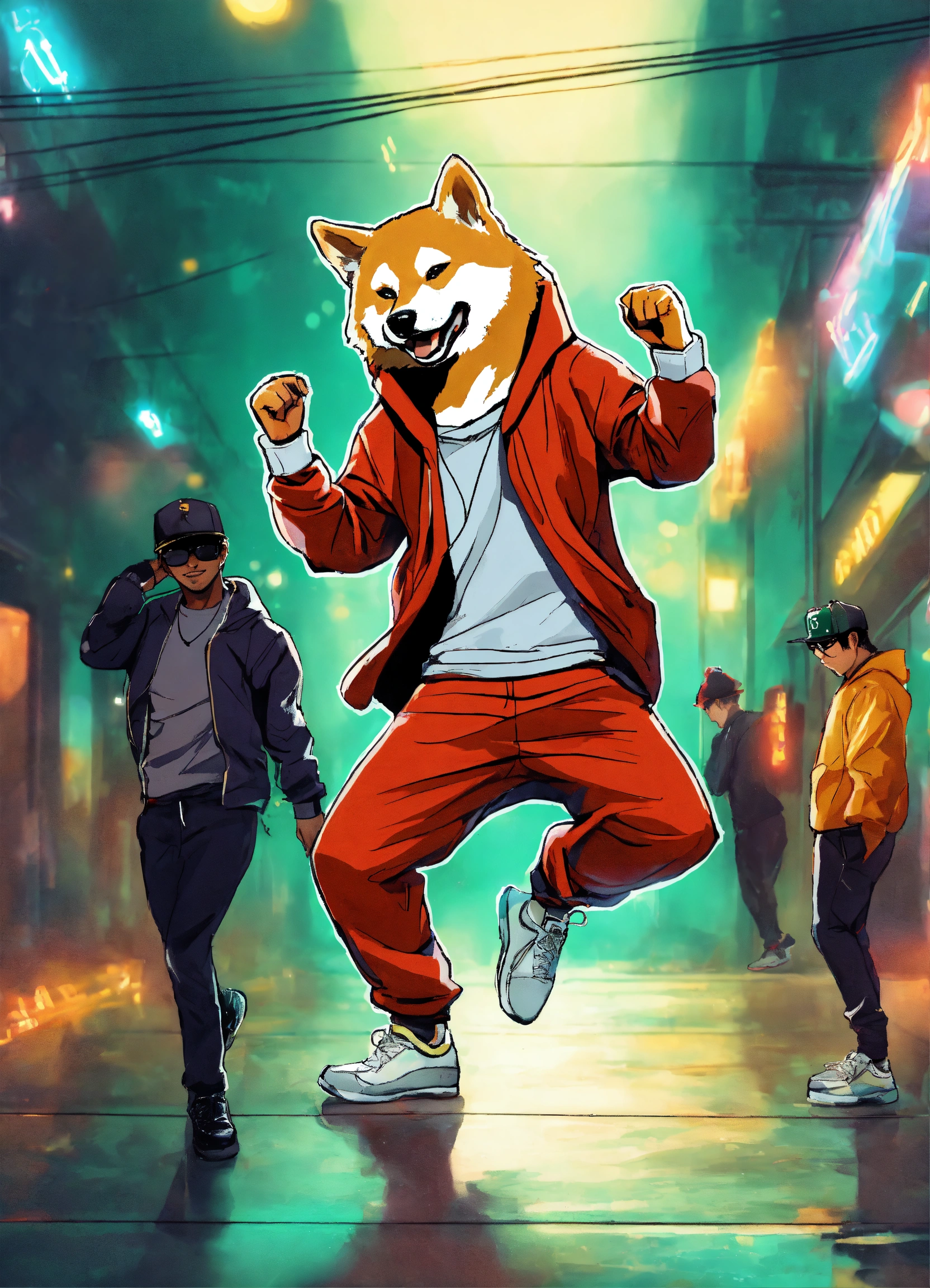 Lexica - A man with the head of a Shiba Inu dog are dancing hip hop ...