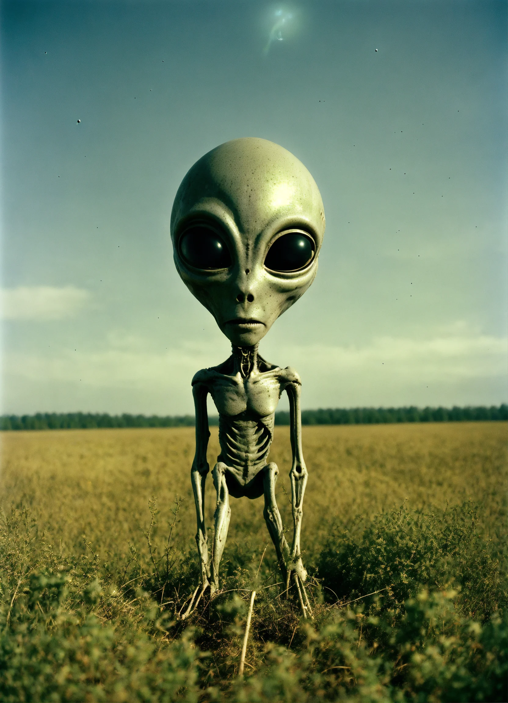 Lexica - Very creepy grey alien floating above the ground in a field ...