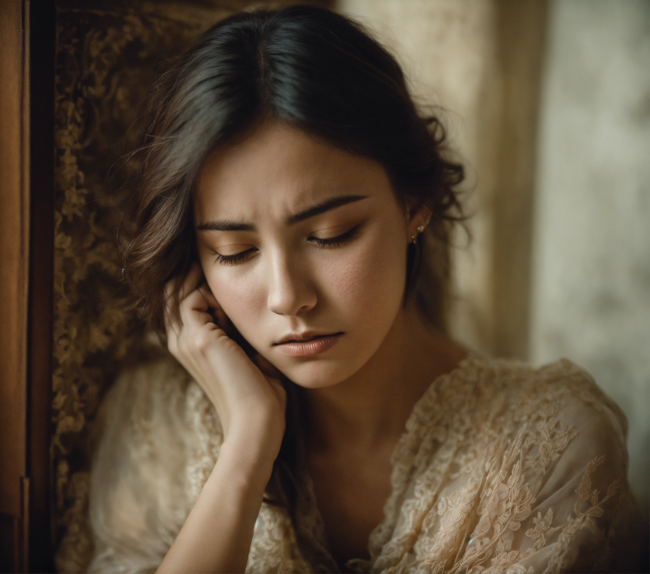 Lexica - A young woman cradling her face with a melancholic expression