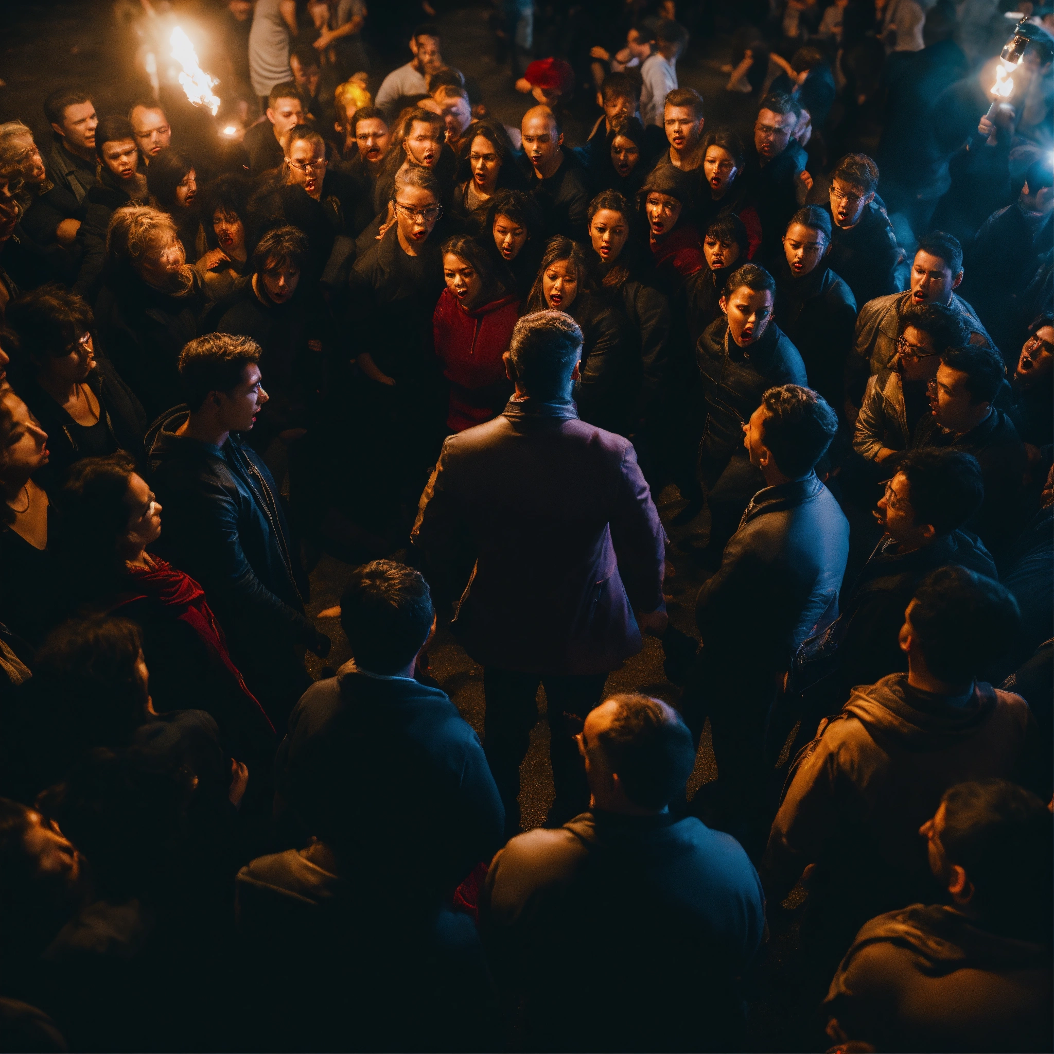 Lexica - A lone person getting surrounded by an angry mob of people in ...