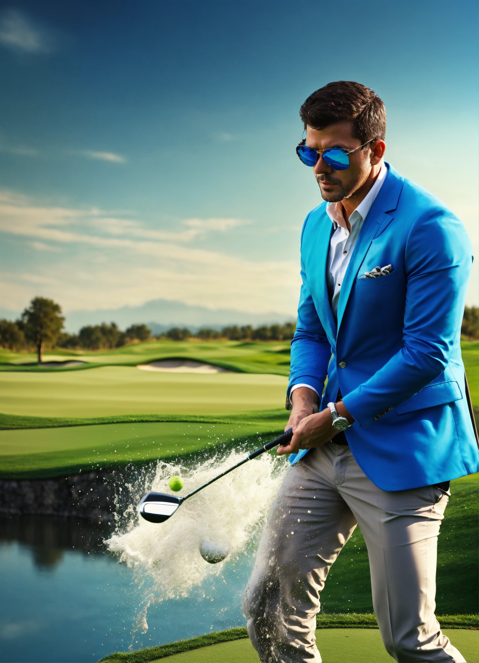 Lexica - 4k hd ultra realistic man blue blazer, sunglasses. Swinging ...