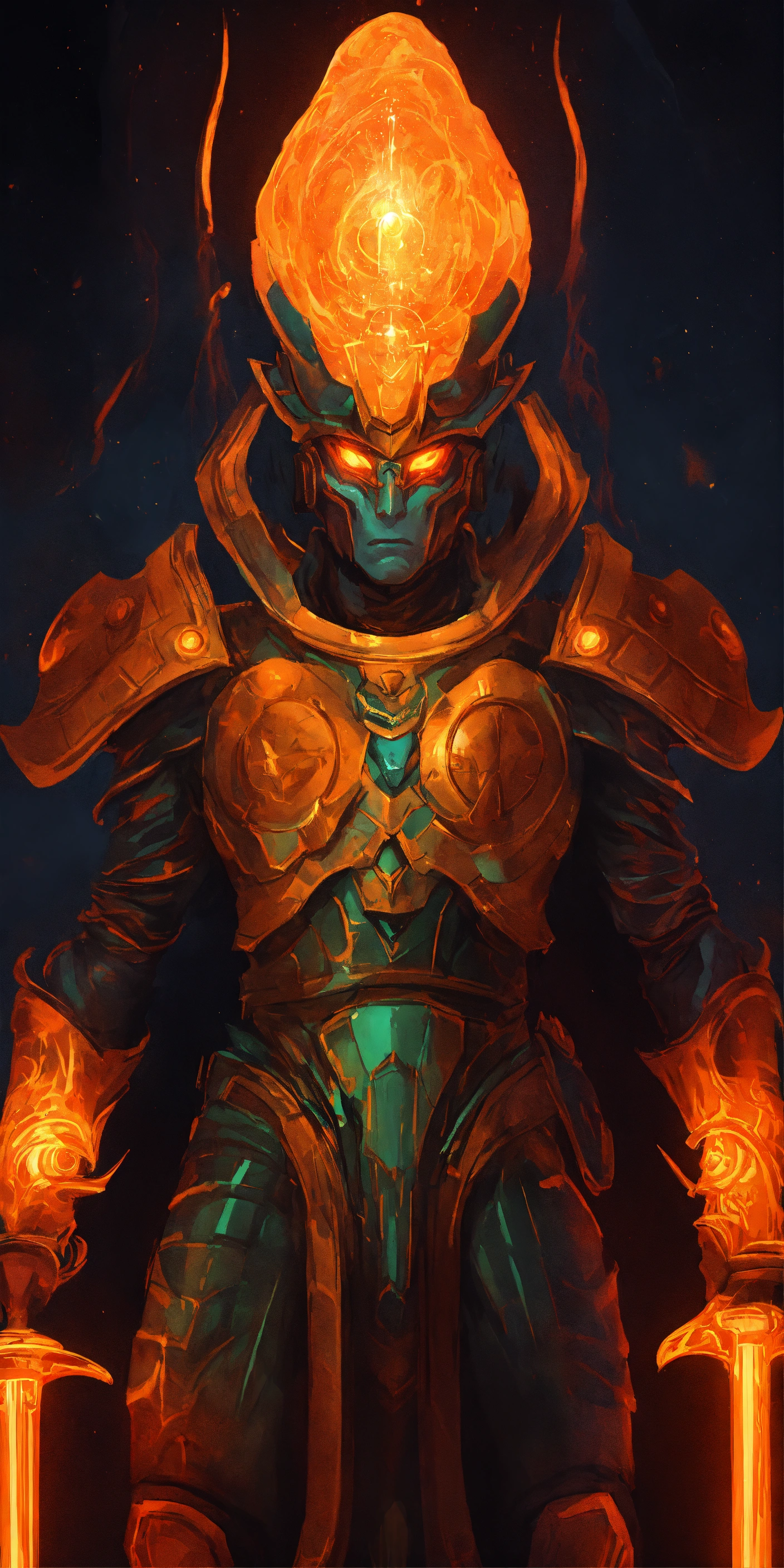 Lexica - Drawing of alien warlord king with glowing orange energy.