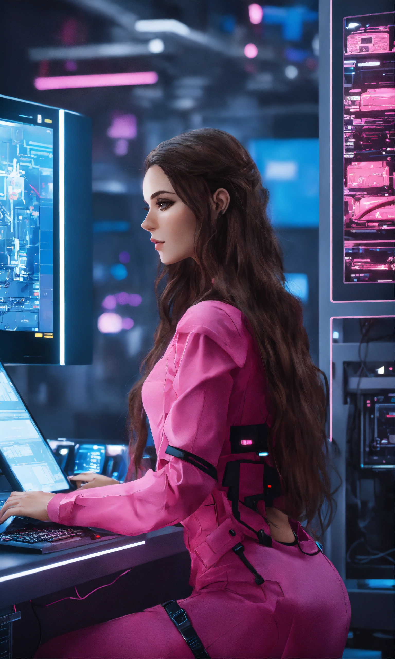 Lexica - Working woman in pink dress, brown long hair, futuristic laboratory with computer ...