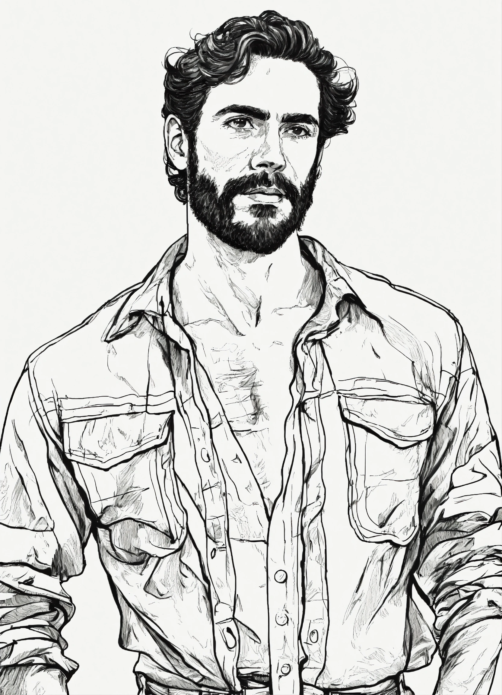 Lexica - Black and white line drawing of Spanish man upper body, white ...