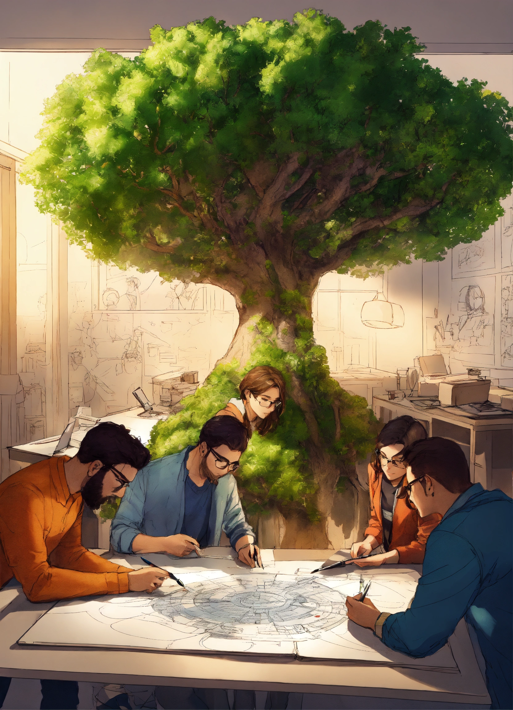 Lexica - A team of designers around a drawing table, brainstorming ...
