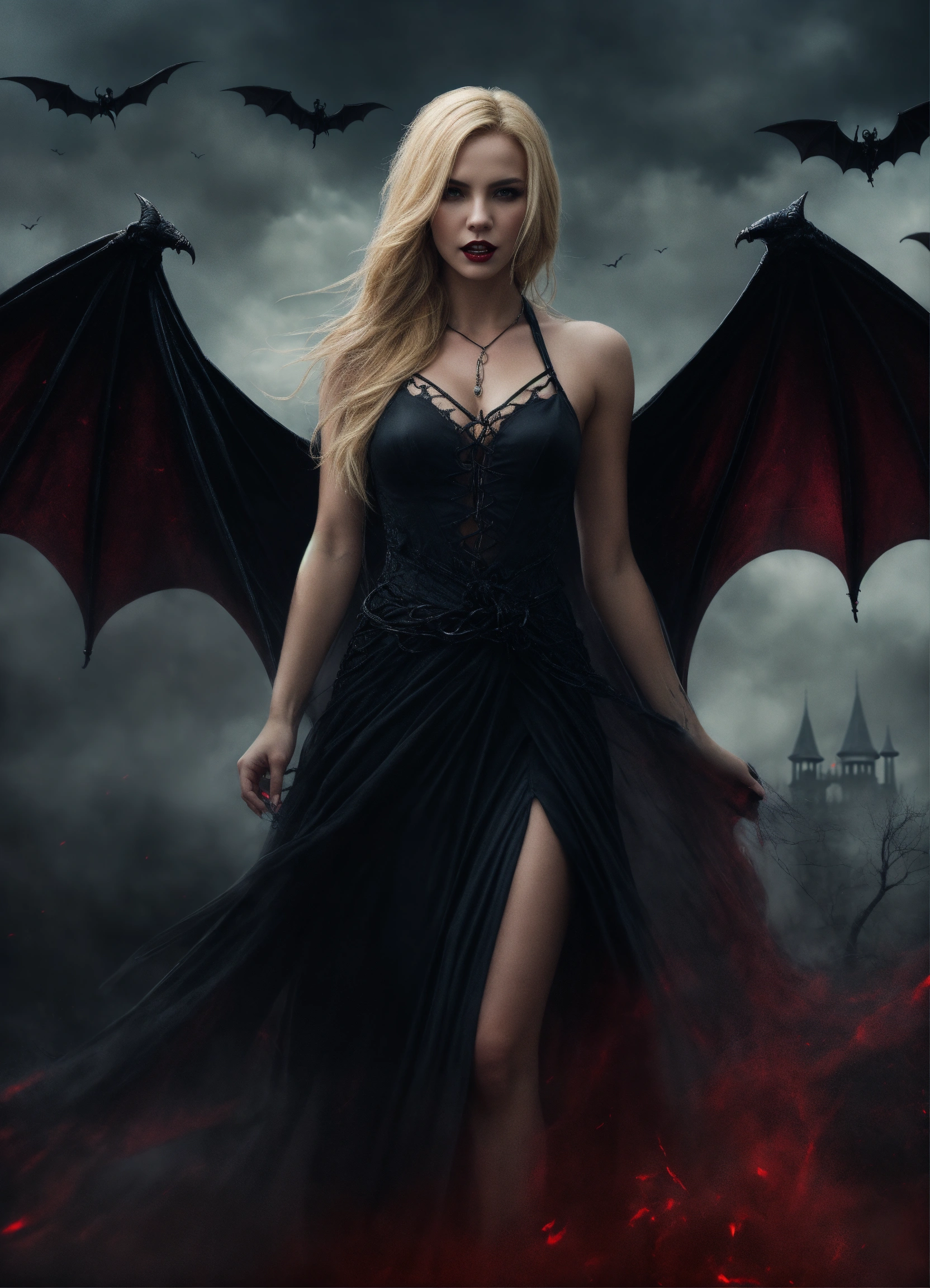Lexica - Full body evil blonde vampire woman entangled in a dark mist spiral, attractive evil ...