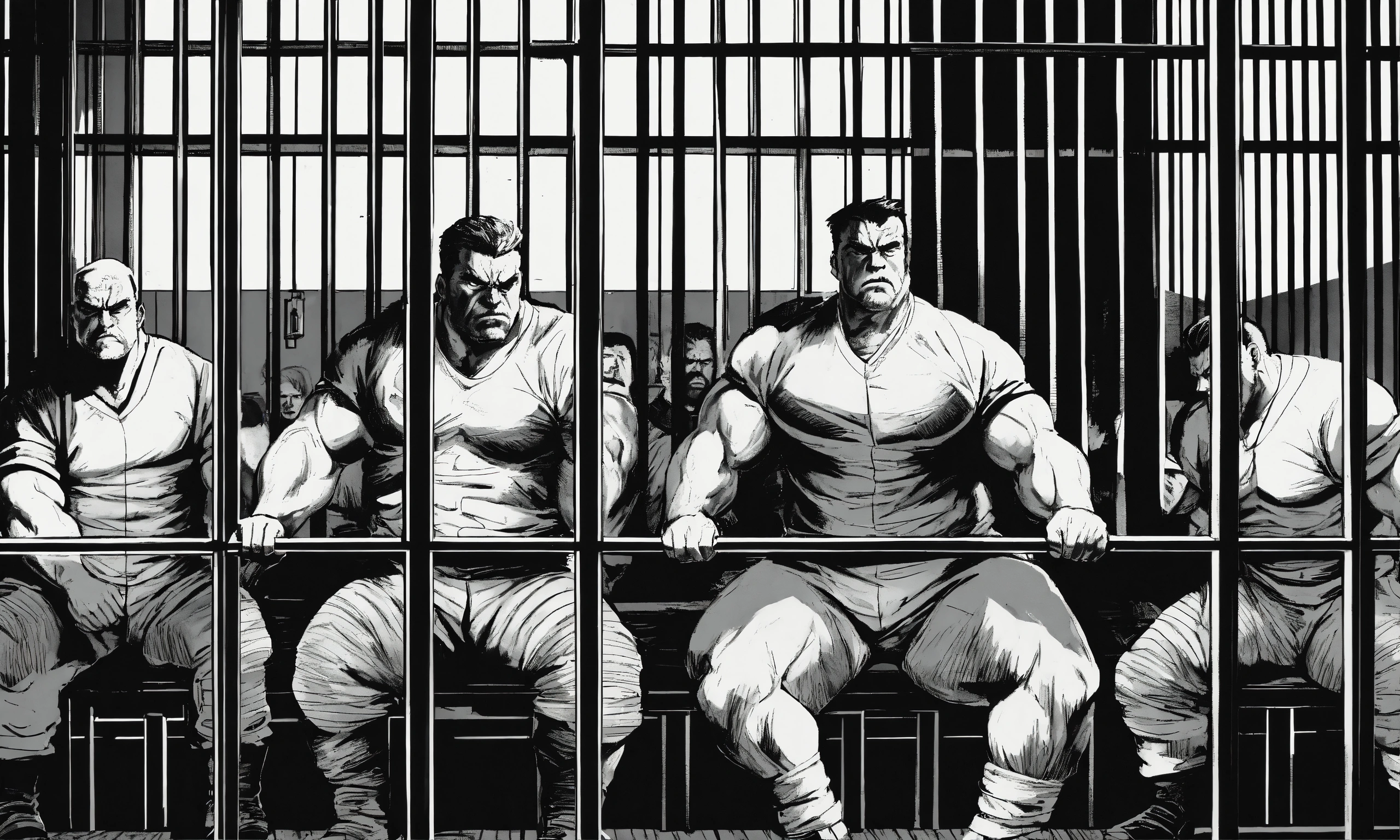 Lexica - A black and white illustration of angry men in jail, behind ...