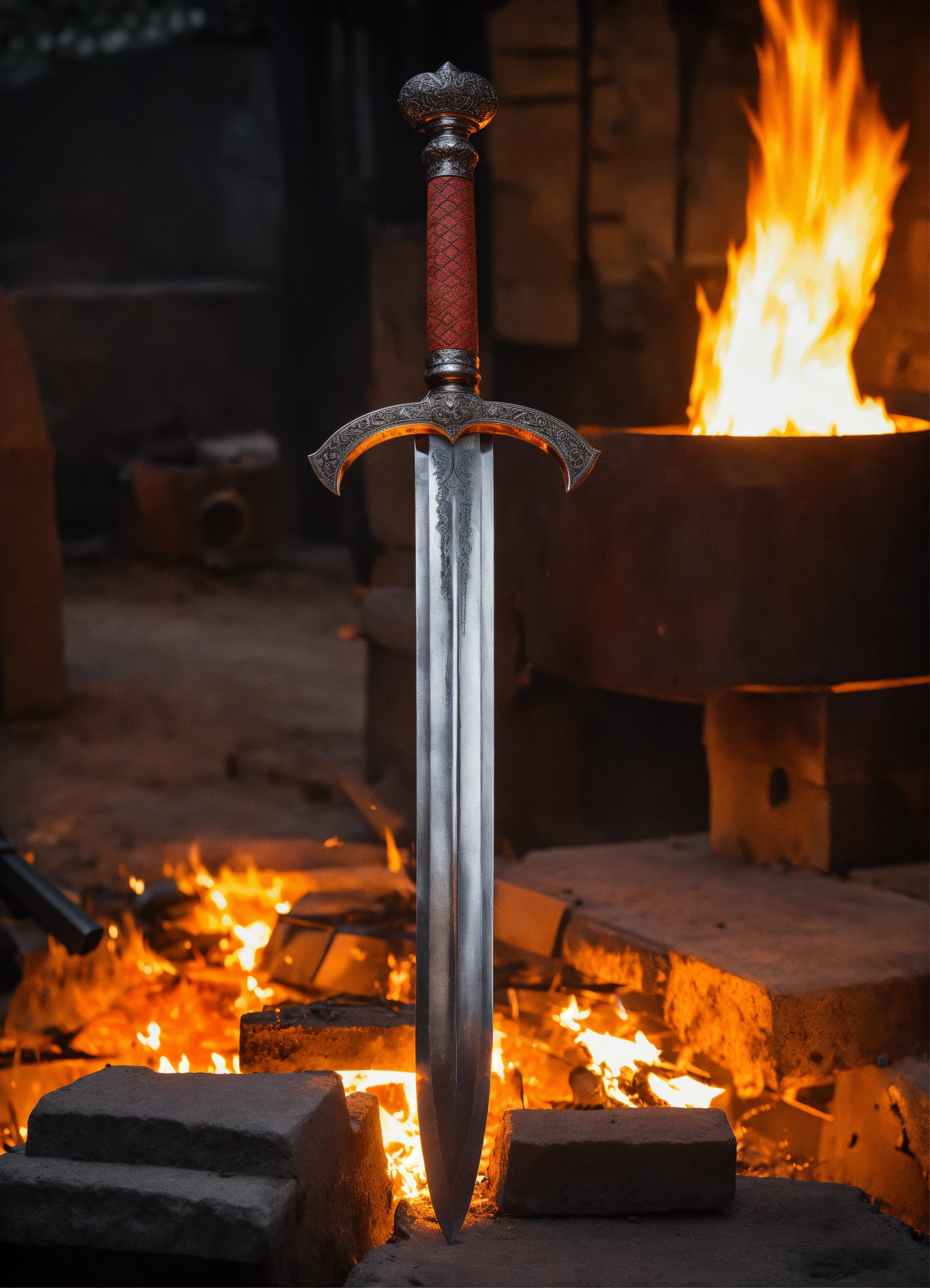 Lexica - A longsword, placed in front of a blacksmith forge with fire ...