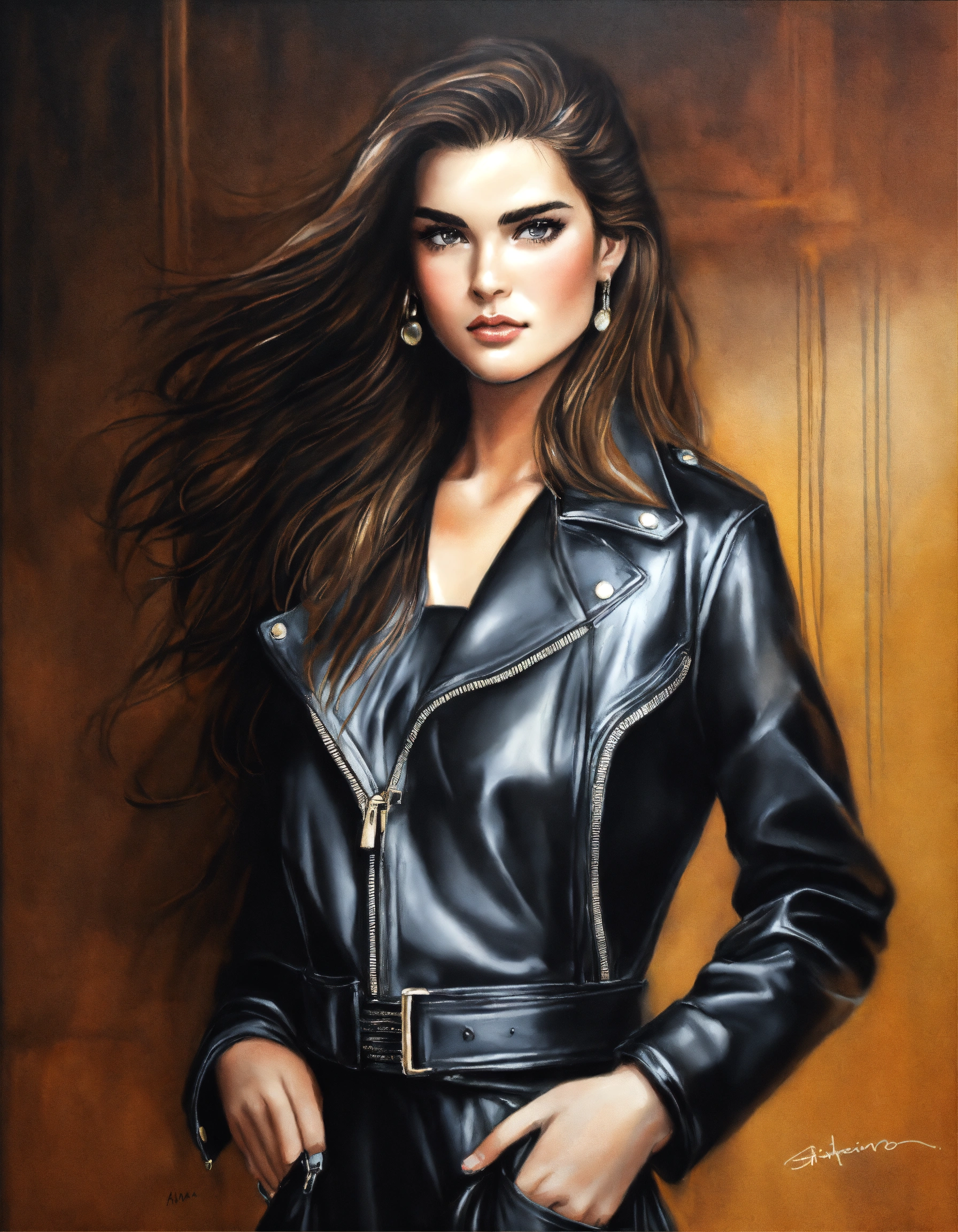 Lexica - 2d drawing, Brooke Shields, age 14. Leather jacket. Black ...