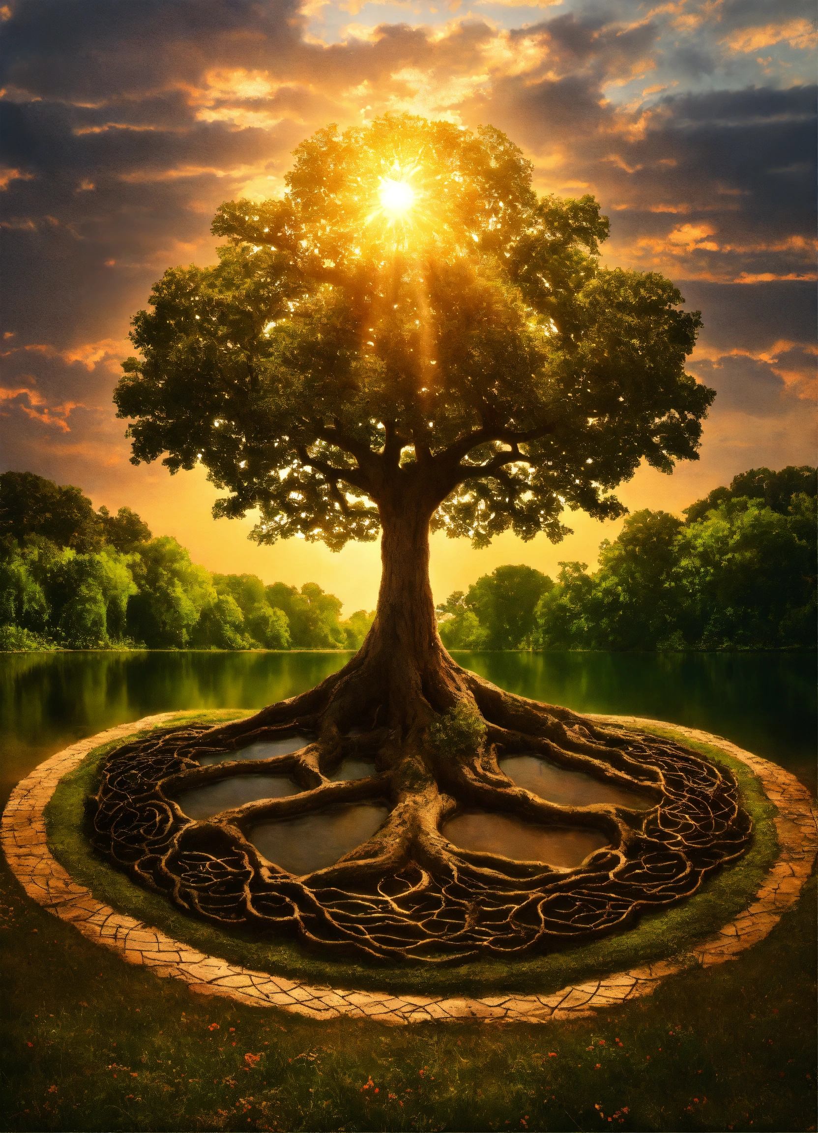 Lexica - Oak tree of life / lake in the background/roots visible/sun in ...