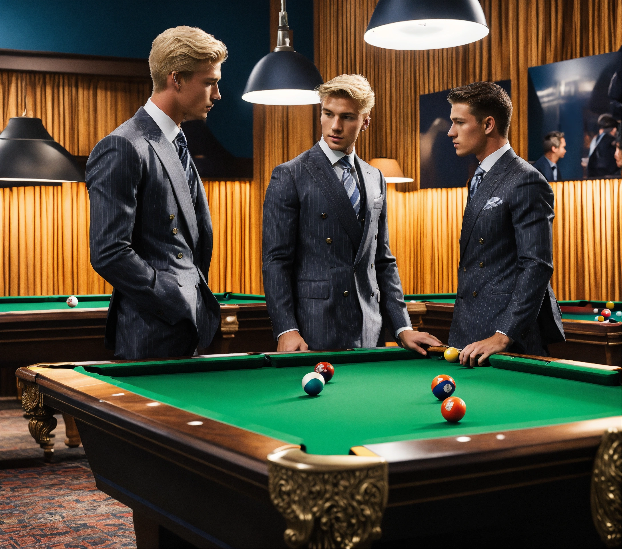 Lexica - Two young blonde male sportsmen in silk satin grey pinstripe ...