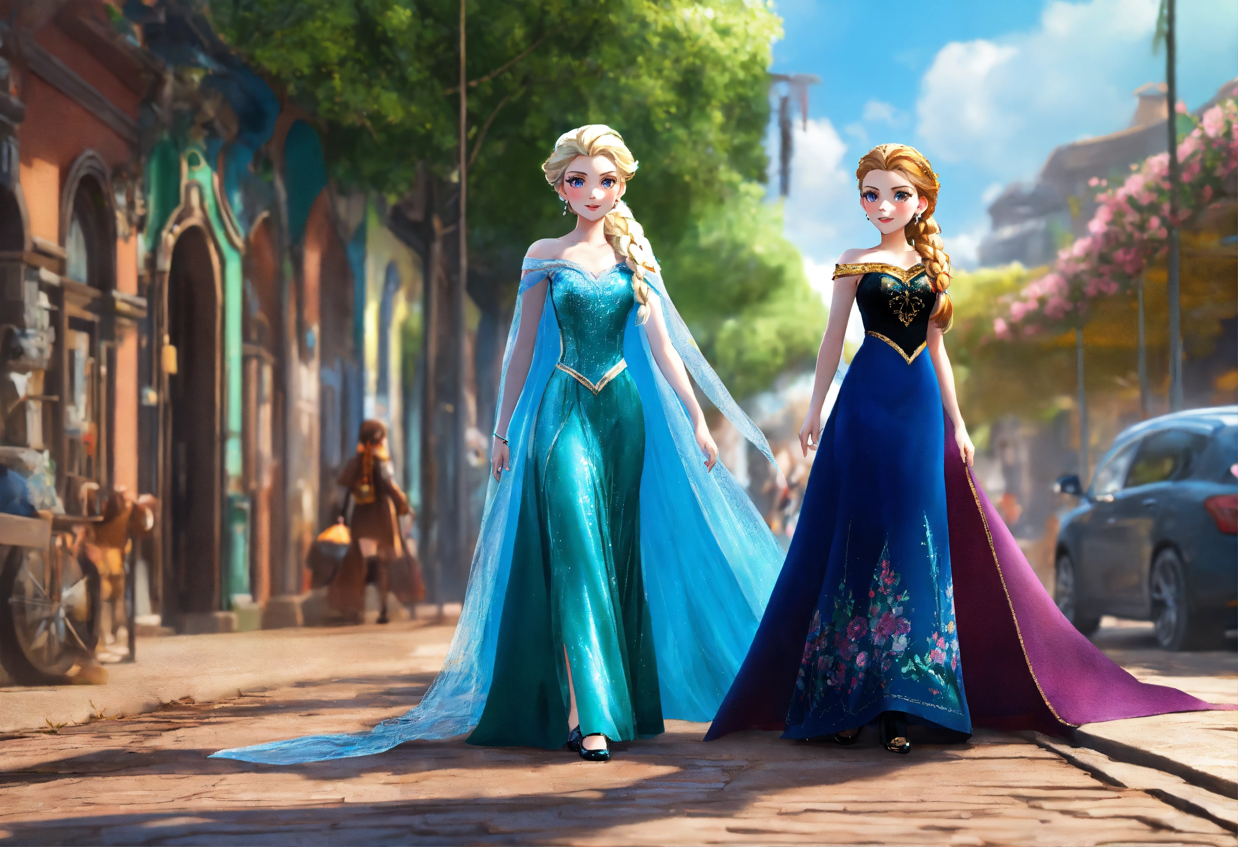 Lexica - Elsa e Ana, passeando numa loja de vestidos, com sacolas na mão, realista 8k