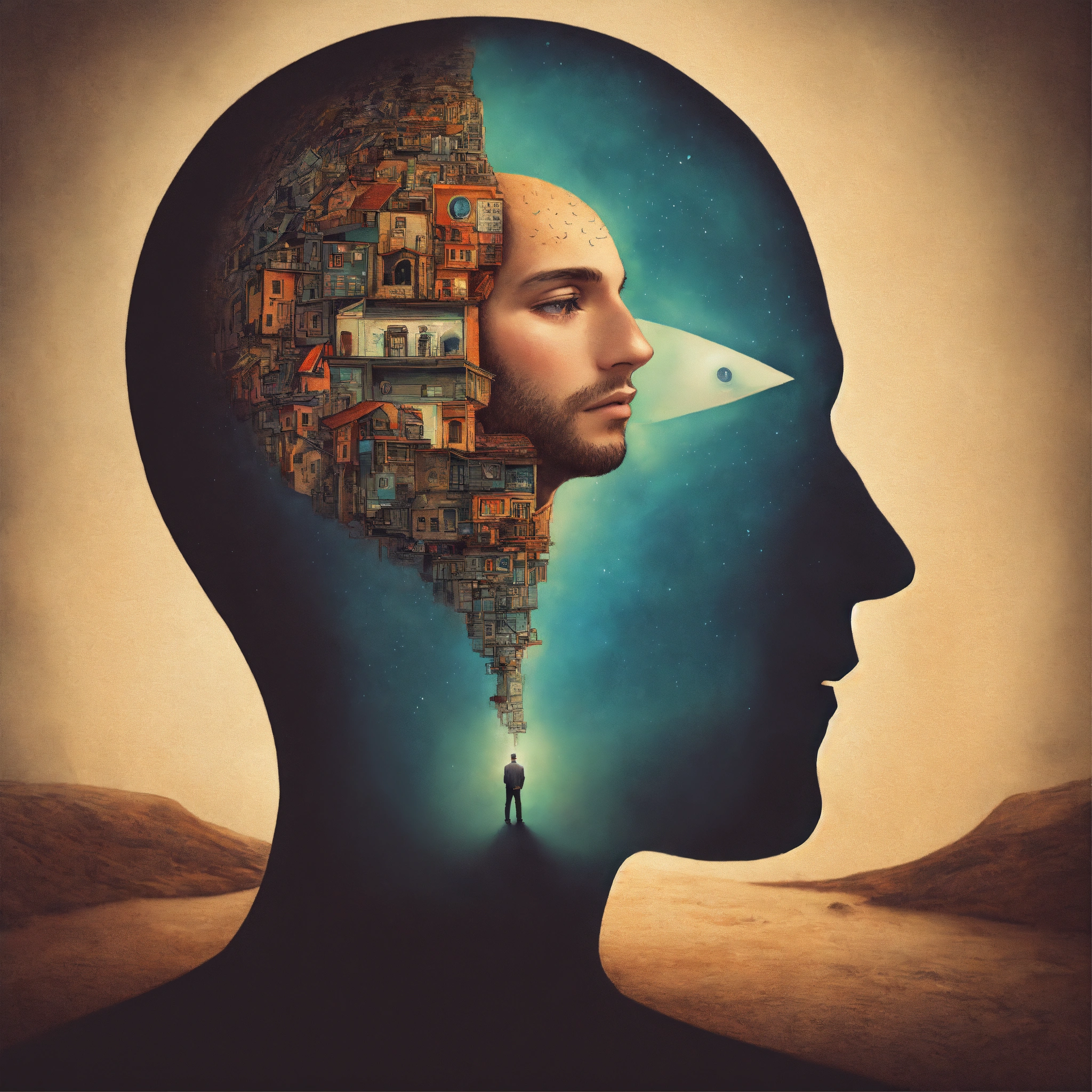 Lexica - Illustration of a man inside a human head looking out through ...