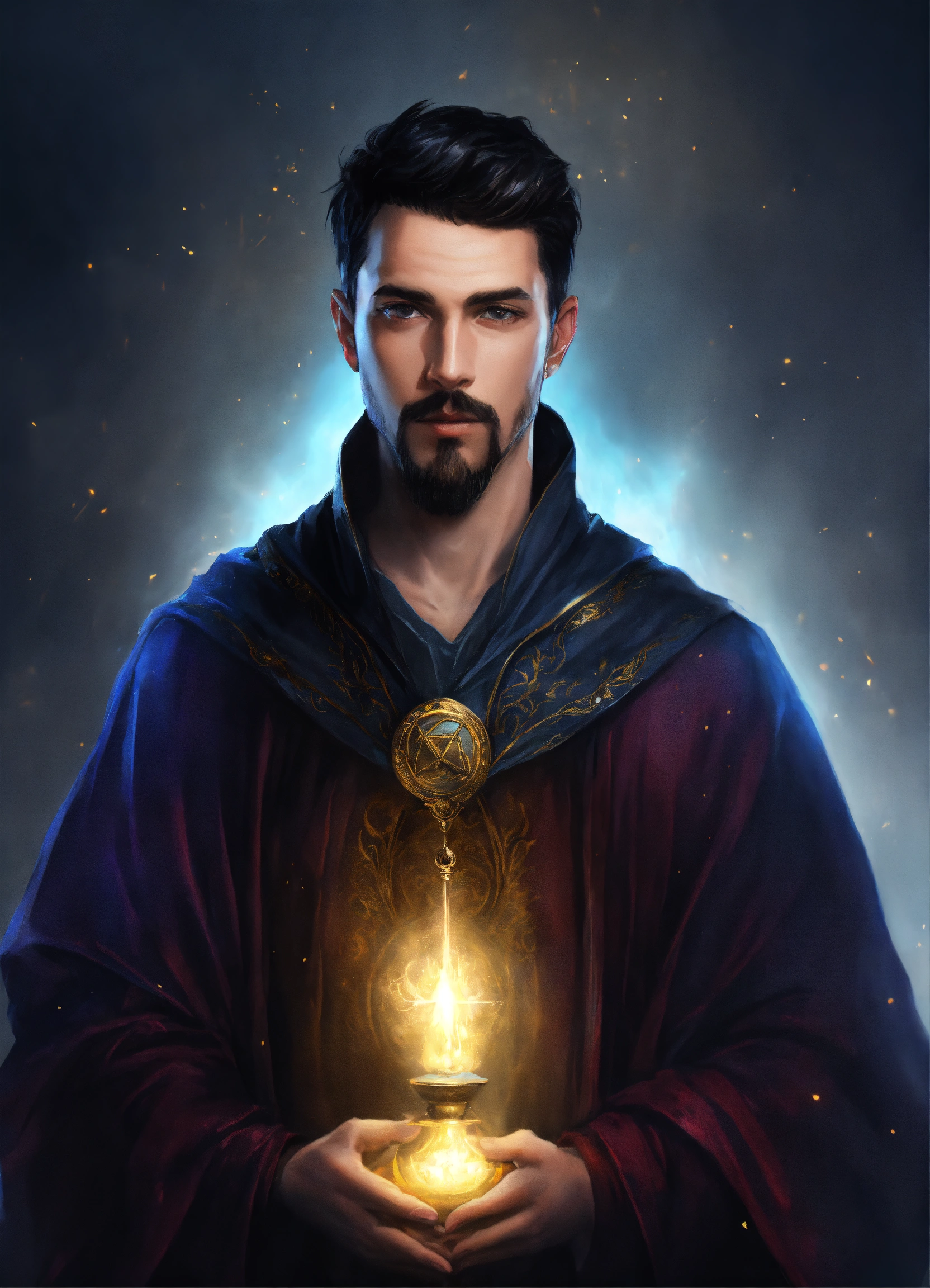 Lexica - Dark short hair, french goatee, wizard robes white light ...