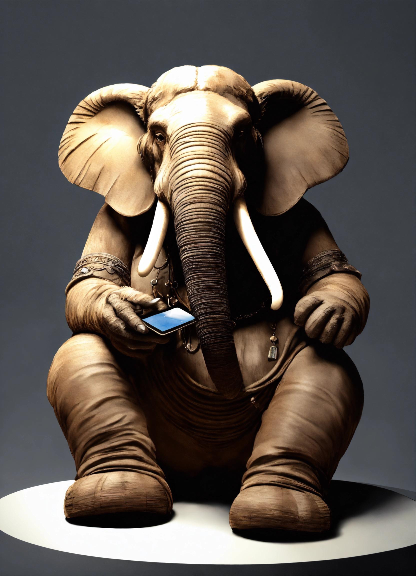 Lexica - Anthropomorphic mammoth sitting and holding a mobile phone ...
