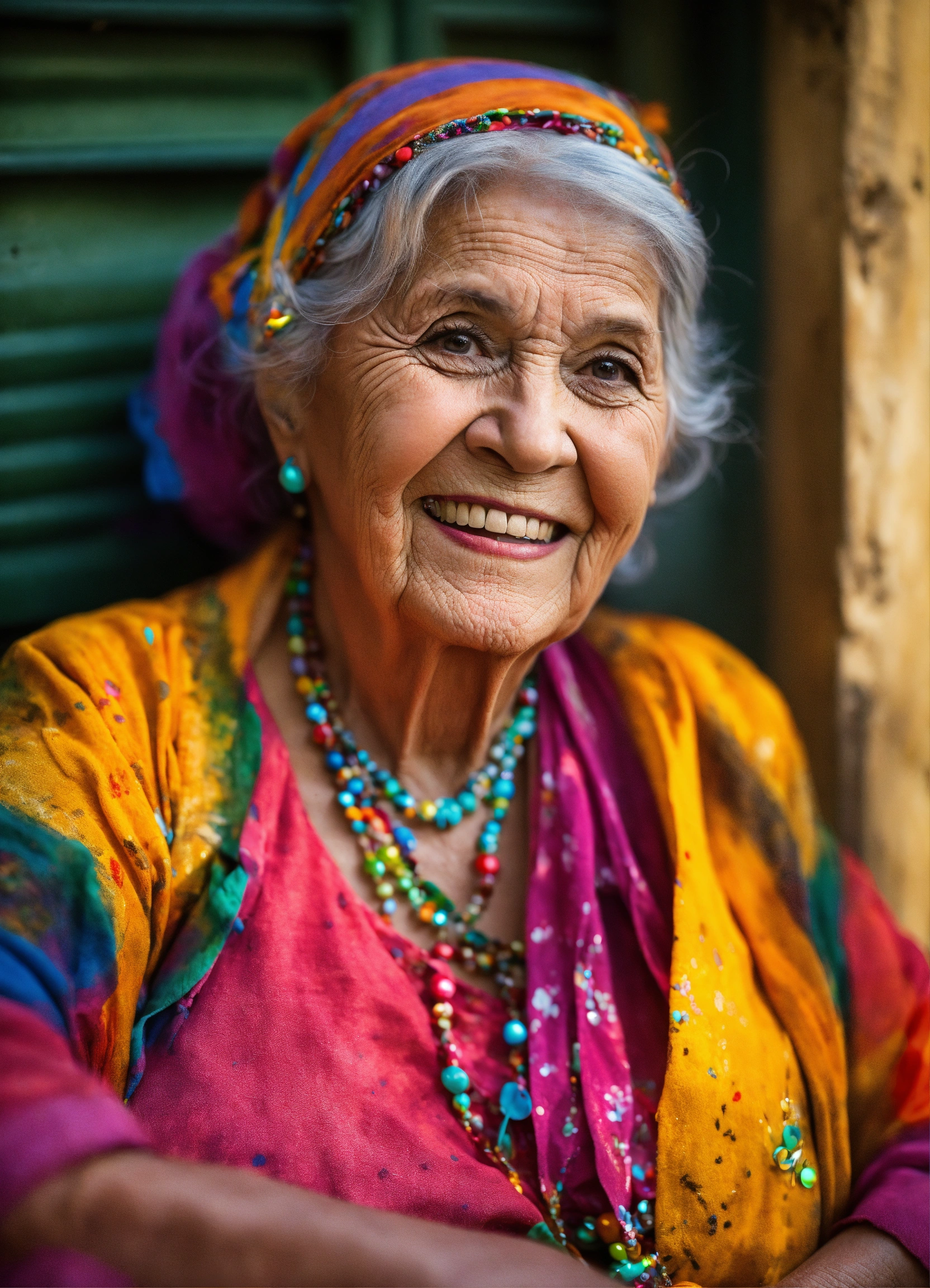 Lexica - An old woman, colourfull dress, happy expression
