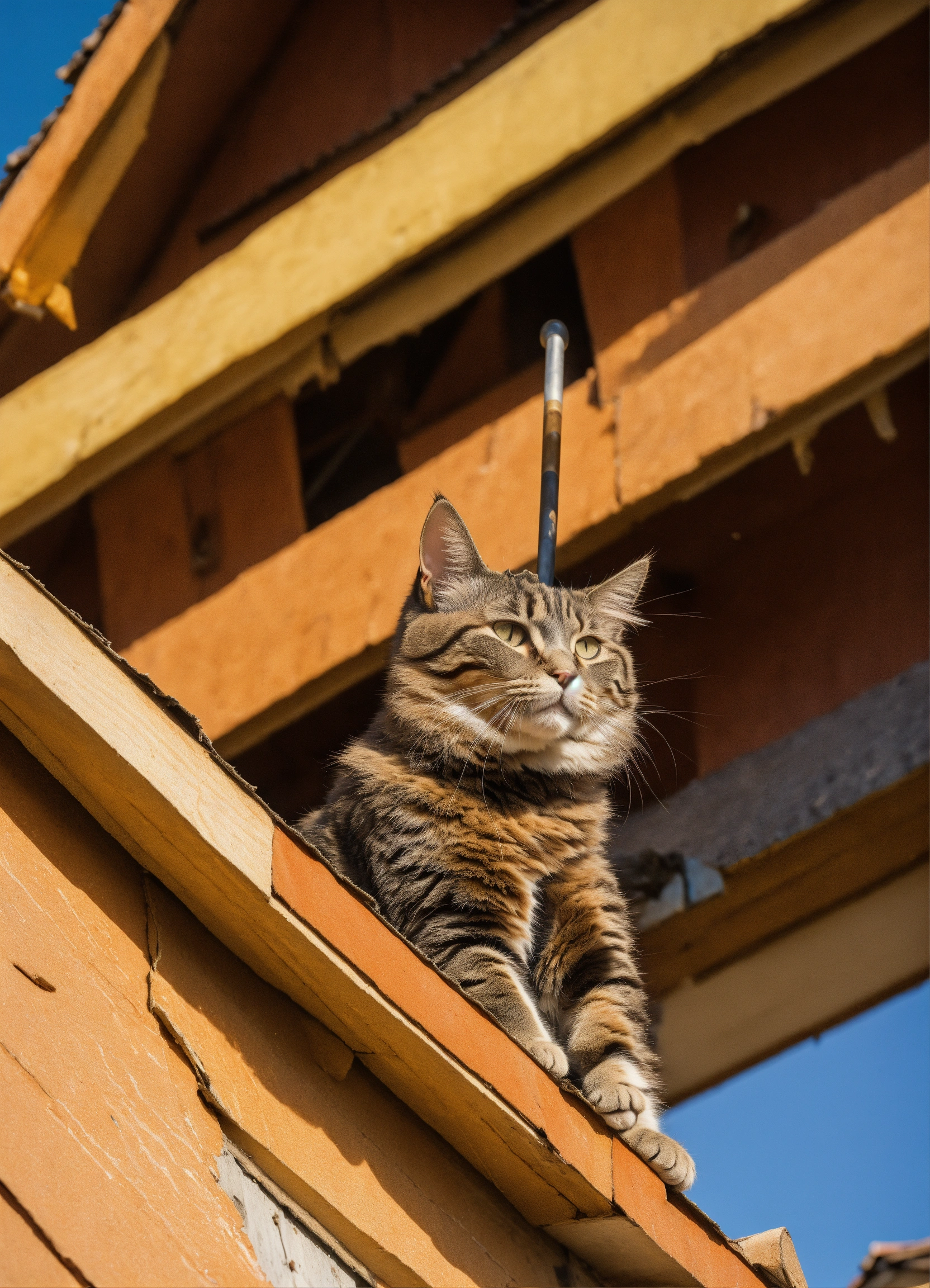 Lexica - Cat with a hammer repairs the roof of a house