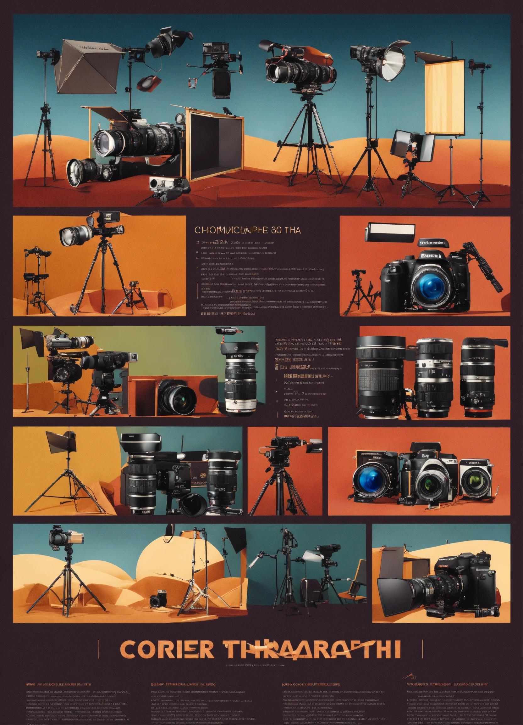 Lexica - Cinematography poster with cameras, a director stand, lenses ...
