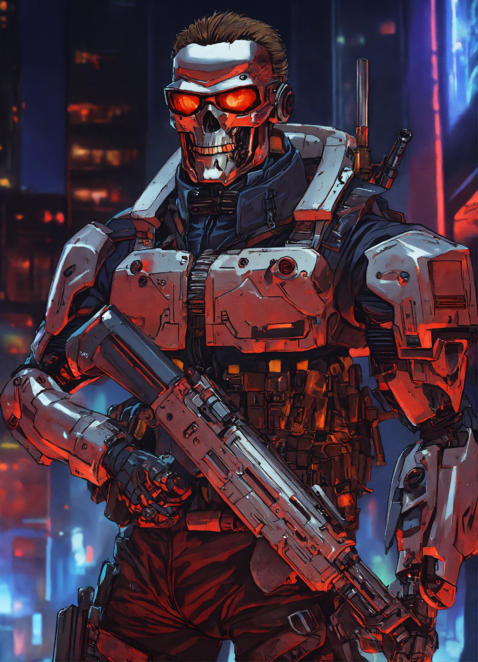 Lexica - 80's anime evil terminator cyborg holding 2 shotguns, evil, gothic