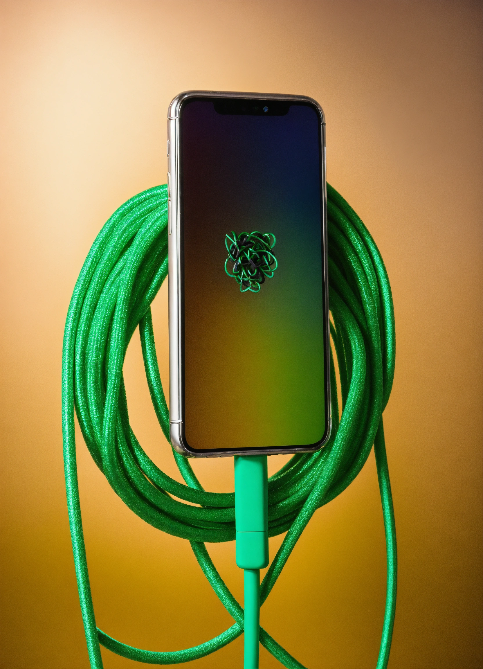 Lexica - Three suspended green bungee cords in knot holding phone ...