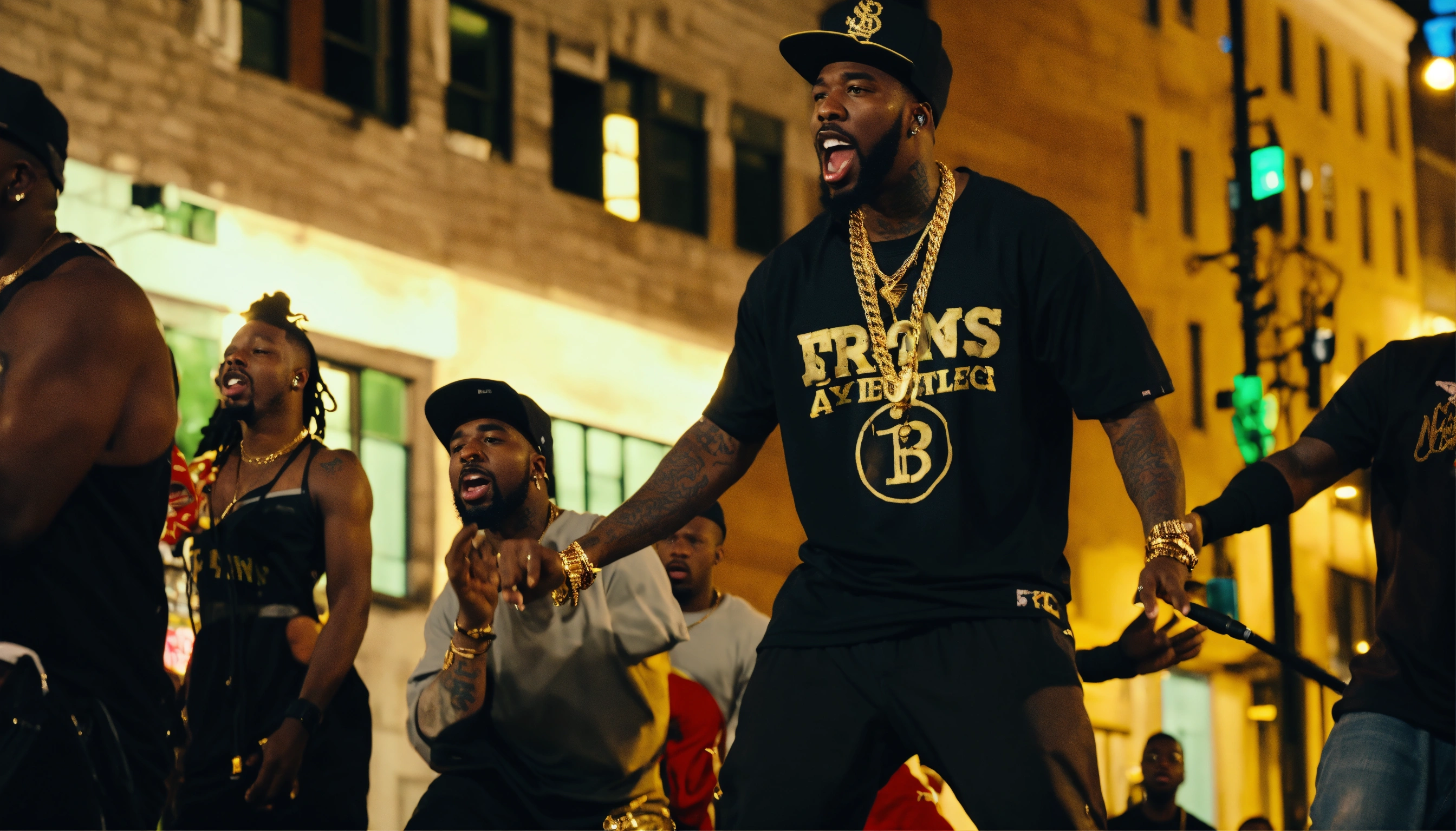 Lexica - Full body shot black battle rapper "Aye Verb" rapping in a ...