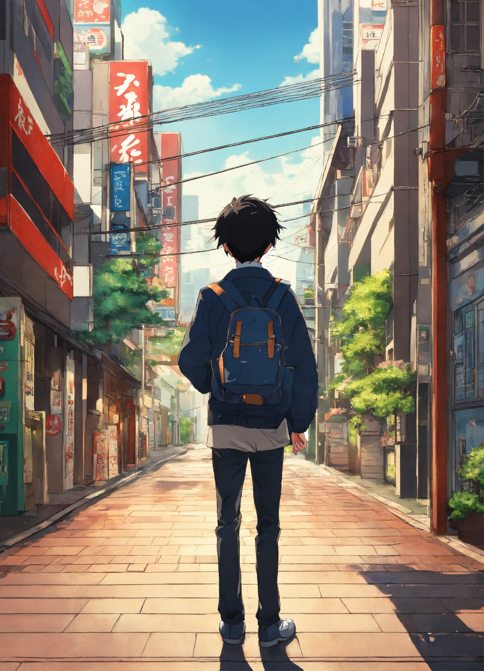 Lexica - A back view of a teenager school boy discovering Tokyo. Anime ...
