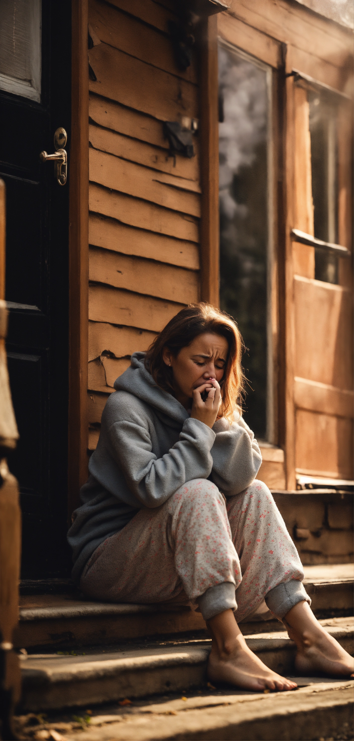 Lexica - A woman is sitting on the doorstep of a house outside in the ...