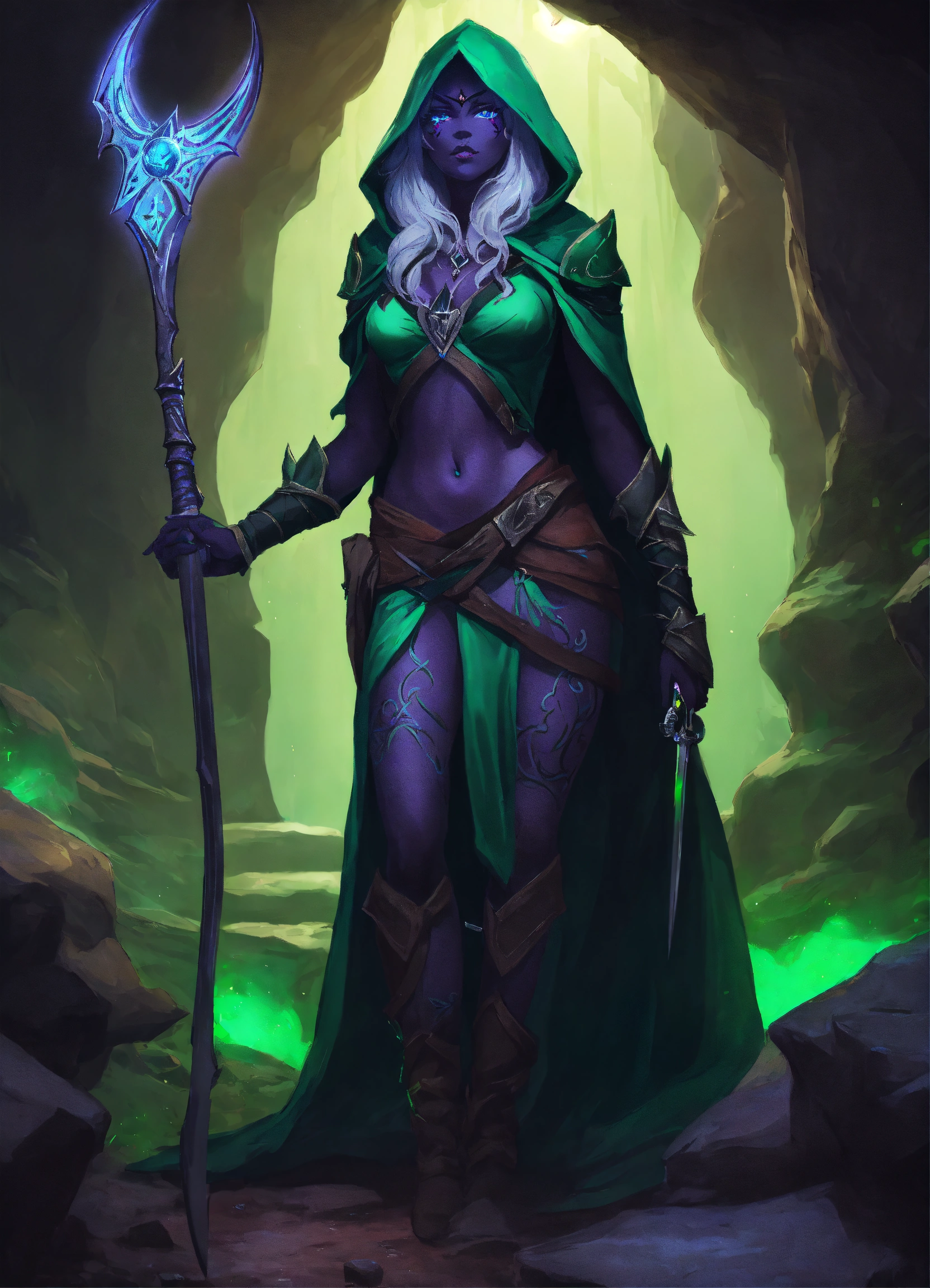 Lexica - Shadow dark female drow druid, green glowing eyes, with dark purple cloak and armor ...