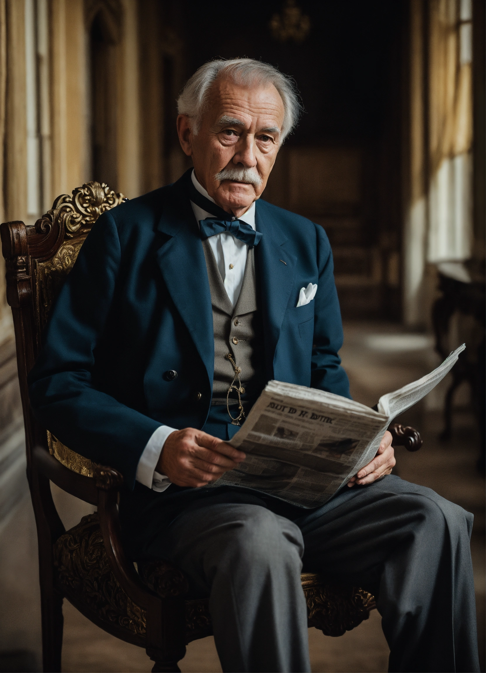 Lexica - Old man sit in hall of manor, dress like butler, looking at ...